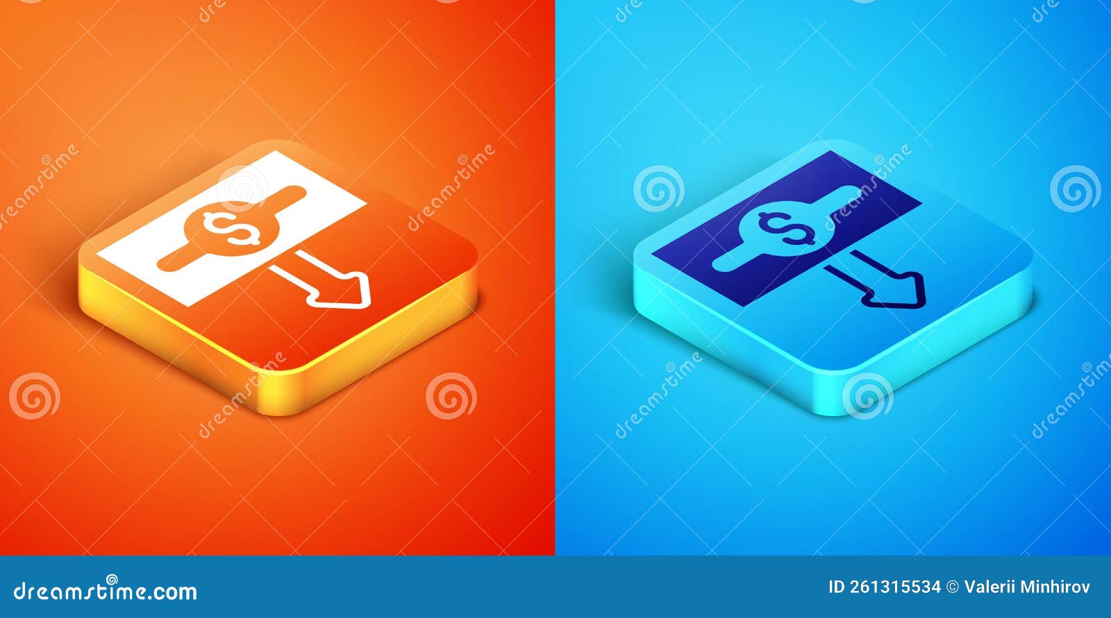 Isometric Dollar Rate Decrease Icon Isolated on Orange and Blue Background. Cost Reduction Stock ...