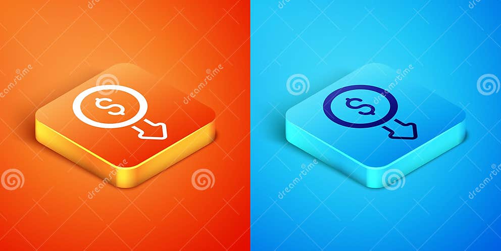 Isometric Dollar Rate Decrease Icon Isolated on Orange and Blue Background. Cost Reduction Stock ...