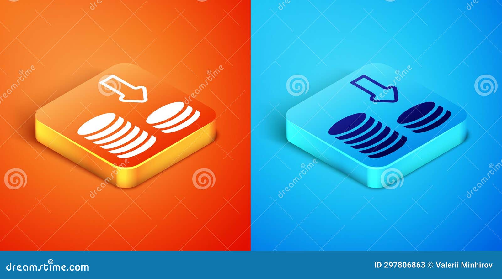 Isometric Dollar Rate Decrease Icon Isolated on Orange and Blue Background. Cost Reduction Stock ...