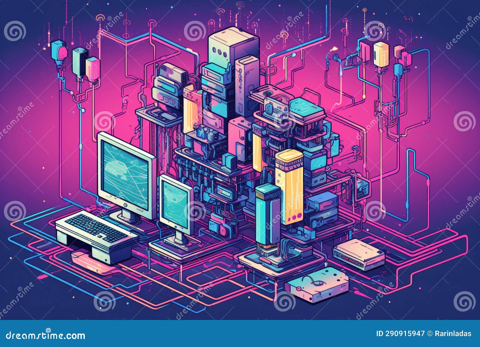 Isometric Doodle Computer Network. a Data Technology Illustration Stock ...