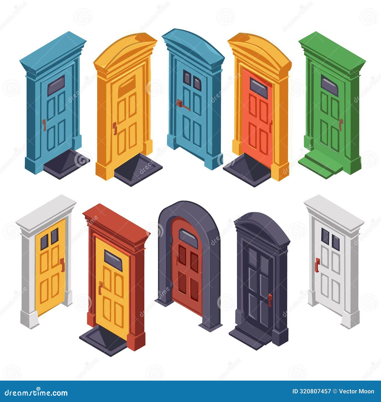 Isometric Doors Various Colors Isolated White Background. Collection ...
