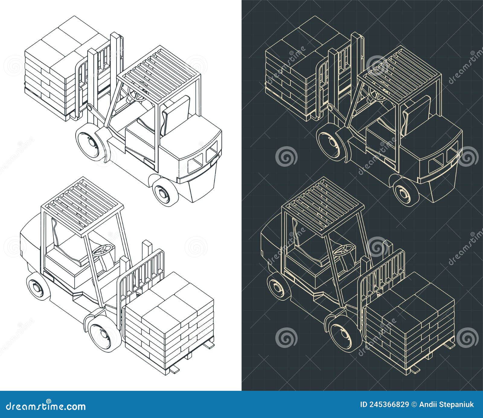 Isometric Drawings of Forklift with Cargo Stock Vector - Illustration ...