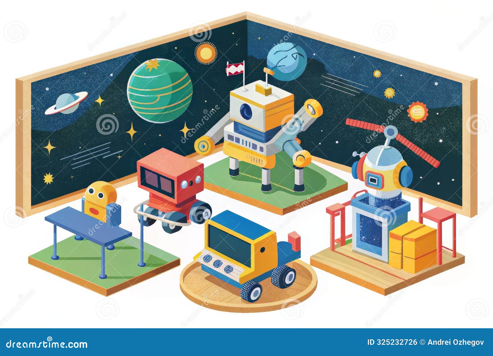 An Isometric Dream of Robots Exploring Space and Learning Stock Photo ...