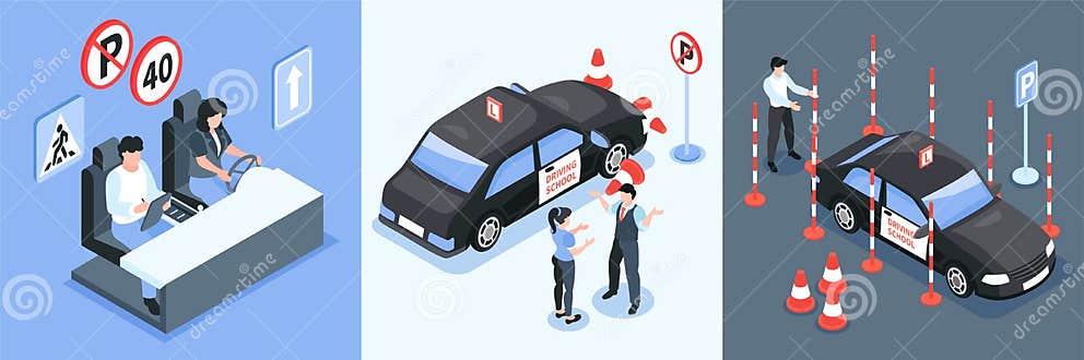 Isometric Driving School Design Concept Set Stock Vector - Illustration ...