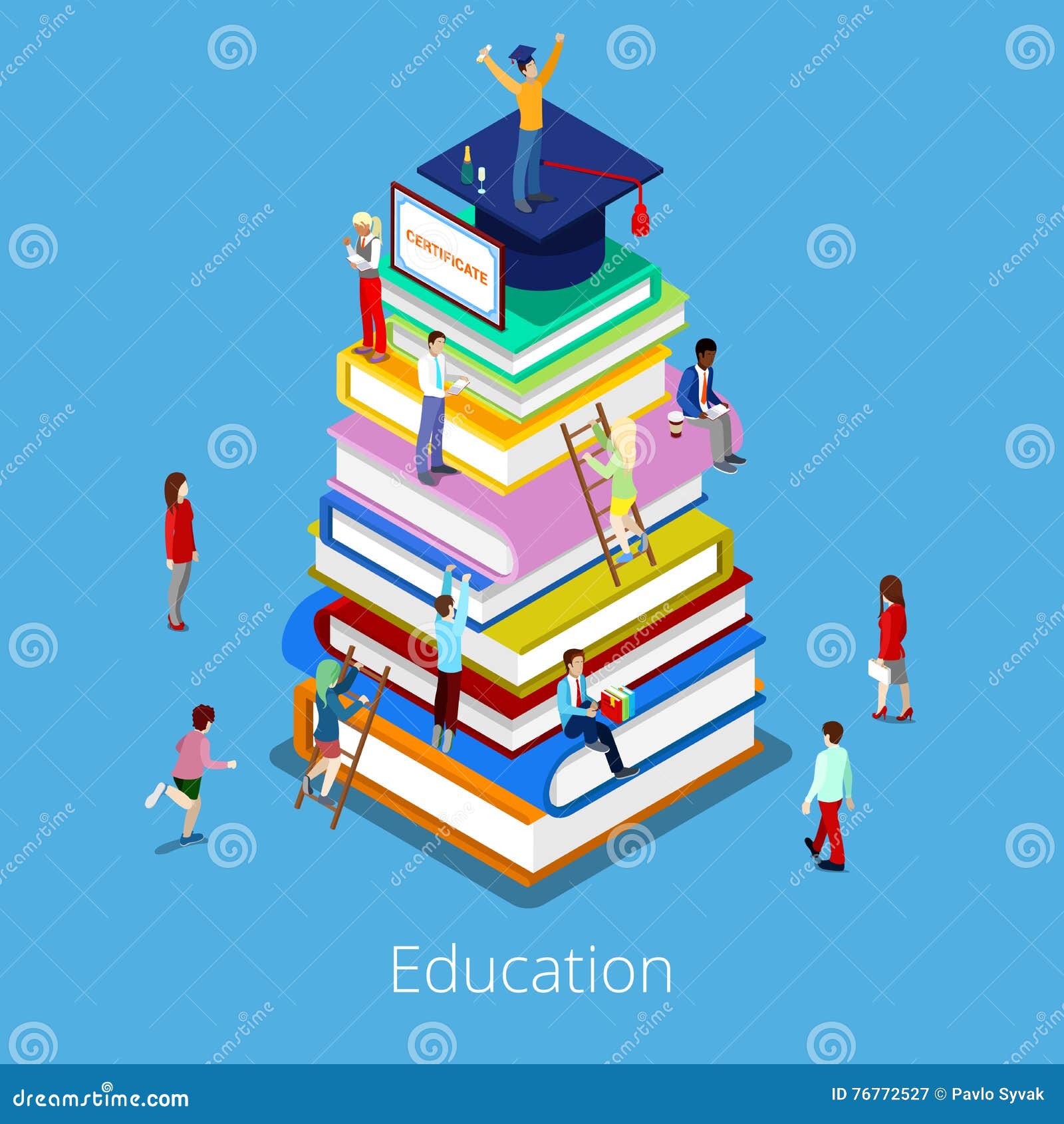 Isometric Education Graduation Concept with Stack of Books and Students ...