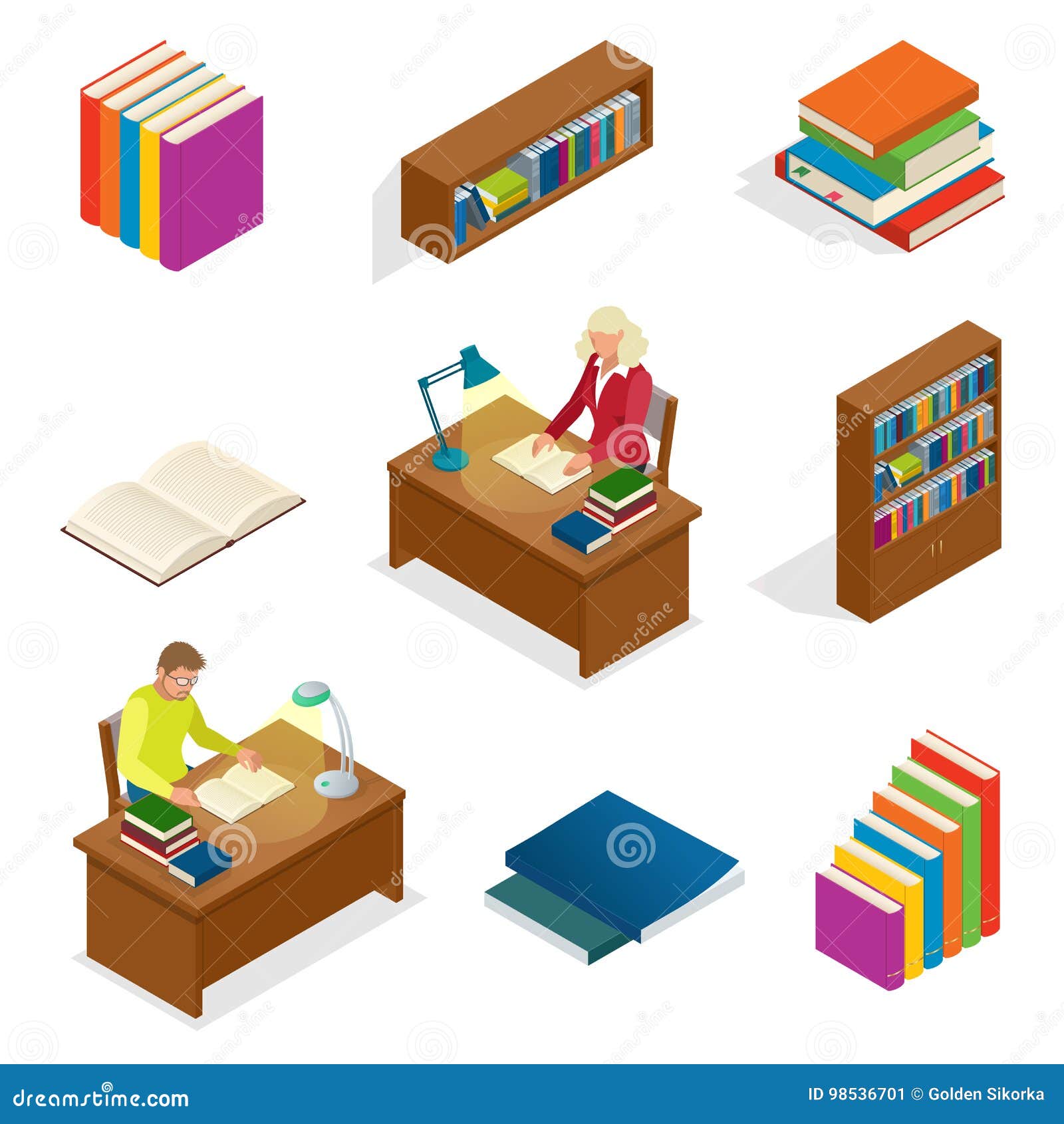Isometric Educational Concept. Library Elements Bookcase, Bookshelf ...