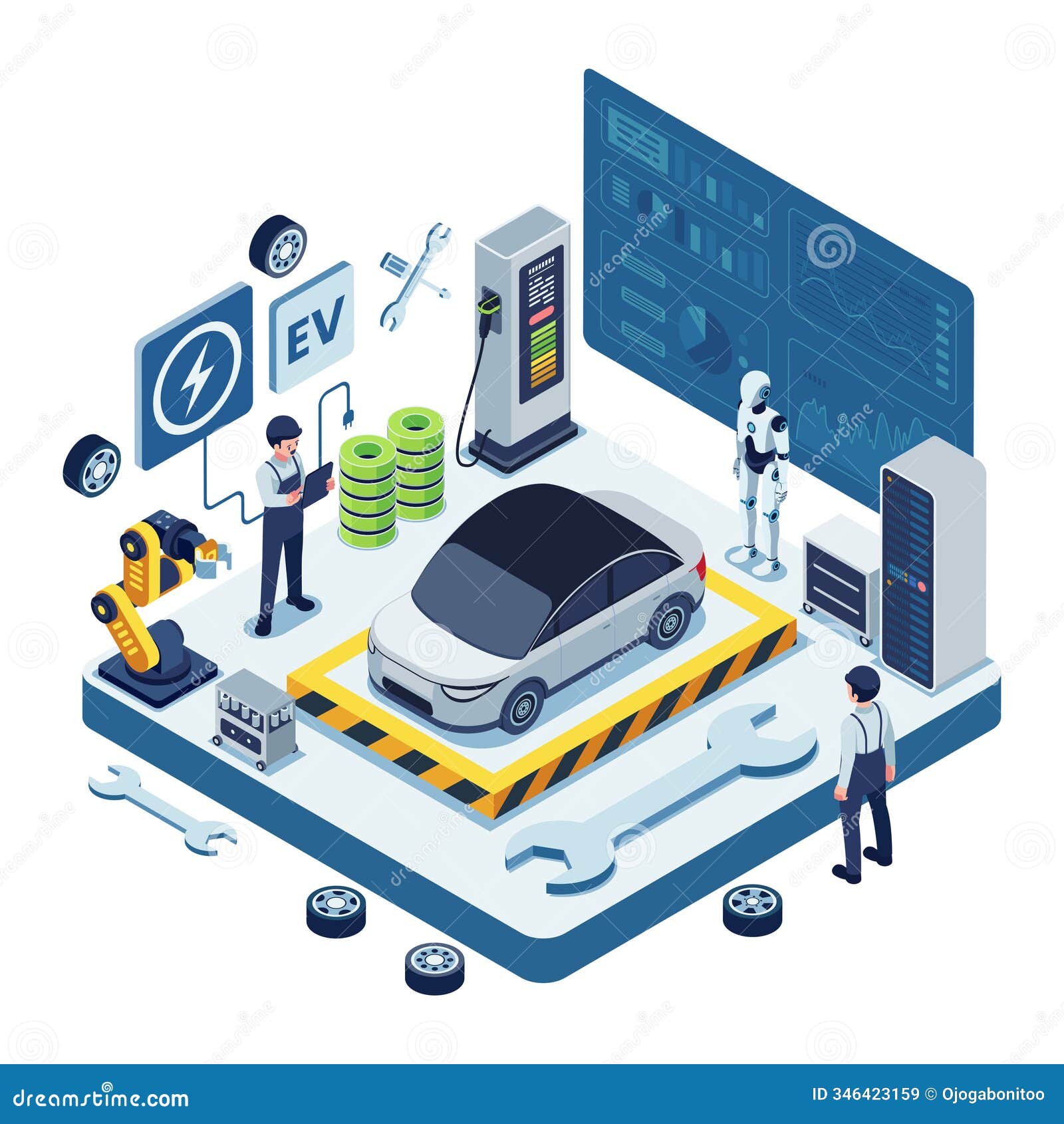 Isometric Electric Vehicle Maintenance with AI and Robotics Stock ...