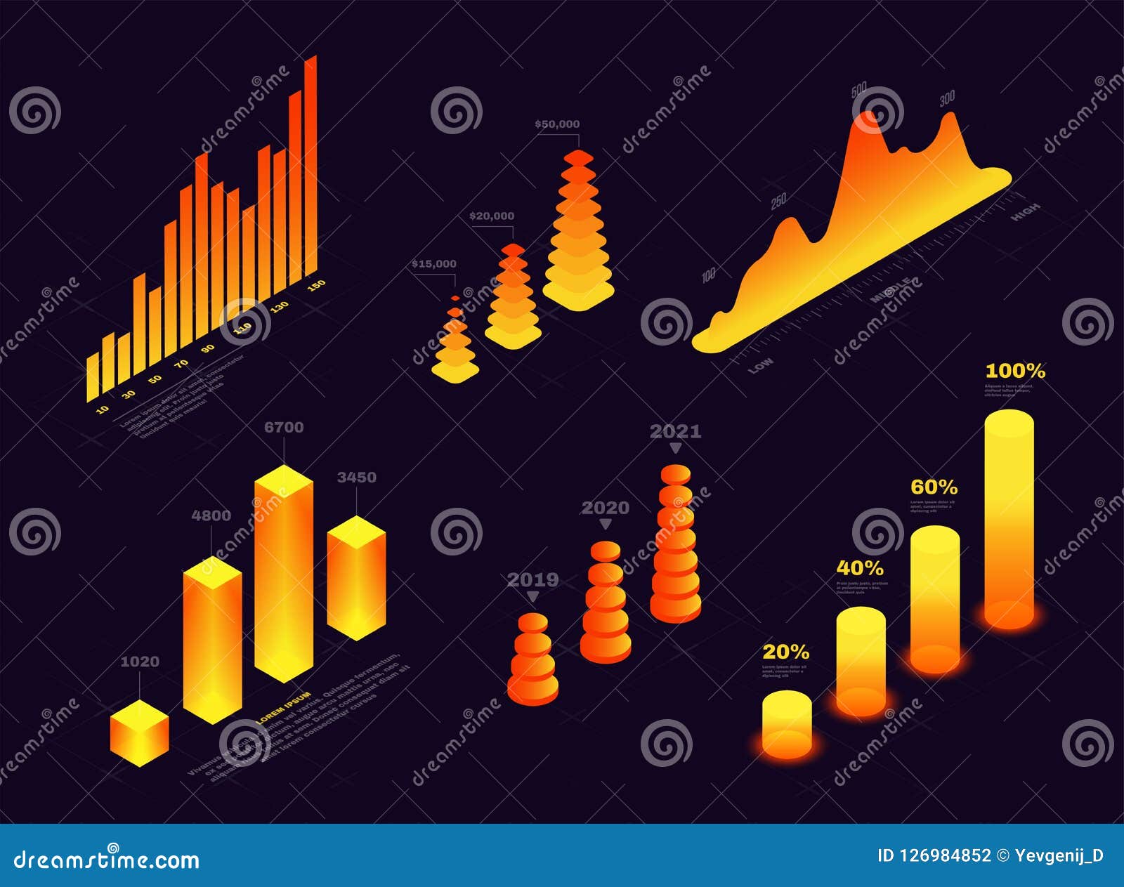 Isometric Elements for Infographic and Report, Graphs, Waves and ...