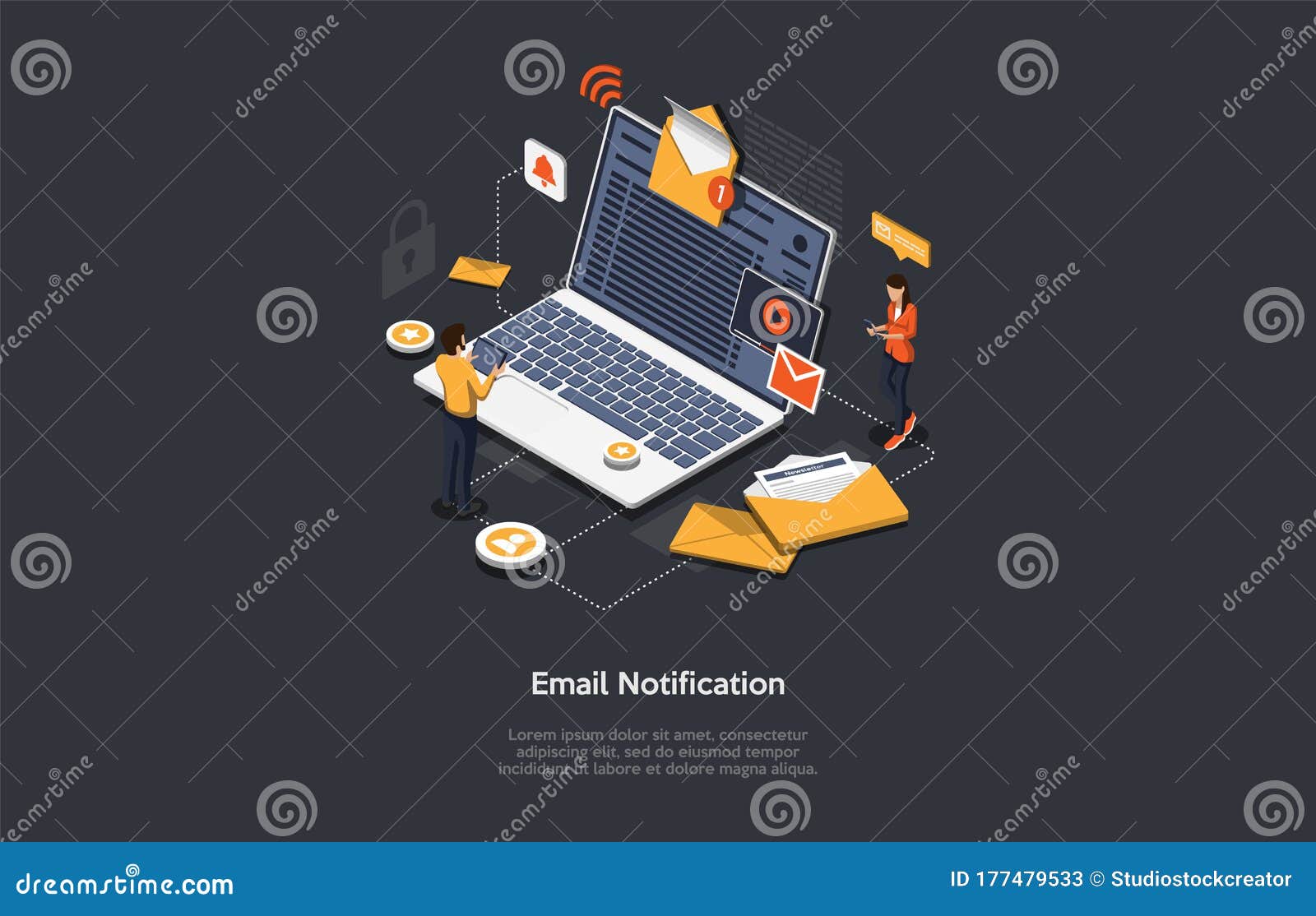 Isometric Email Notification Concept. People Receive and Send Emails ...