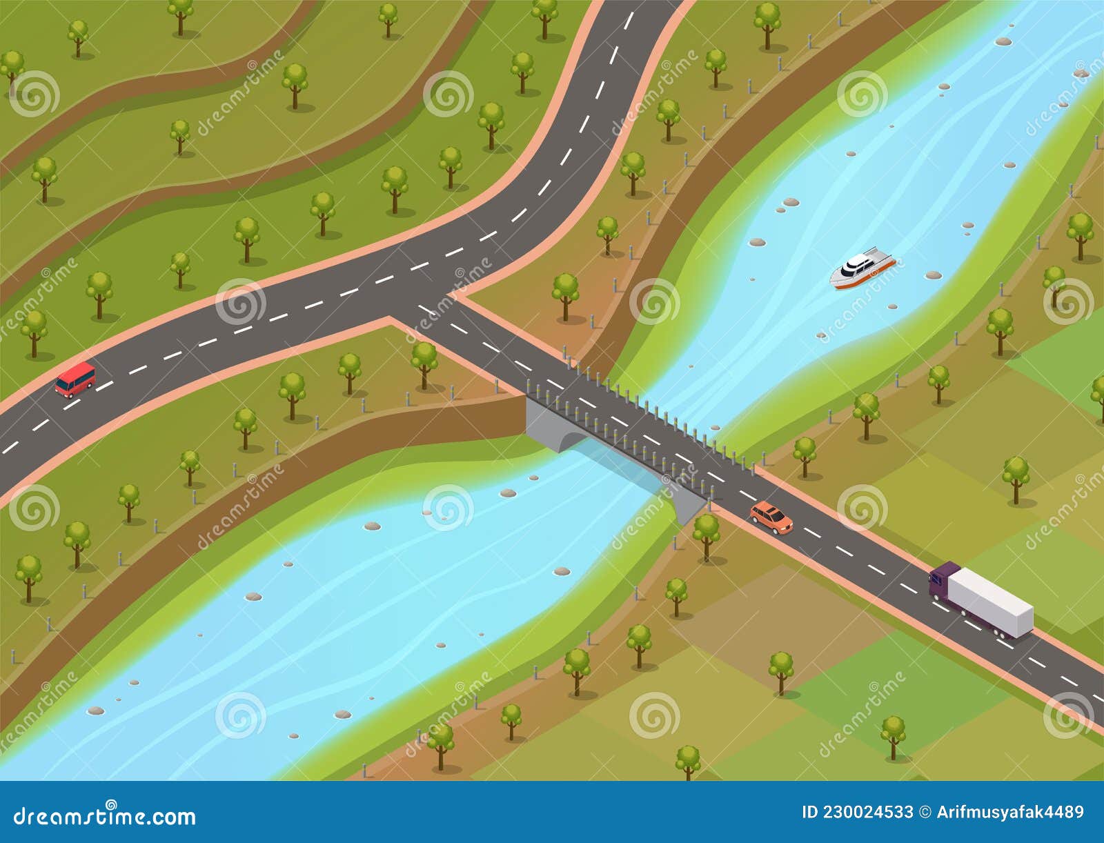 Isometric Environment with Rivers and Roads Stock Vector - Illustration ...