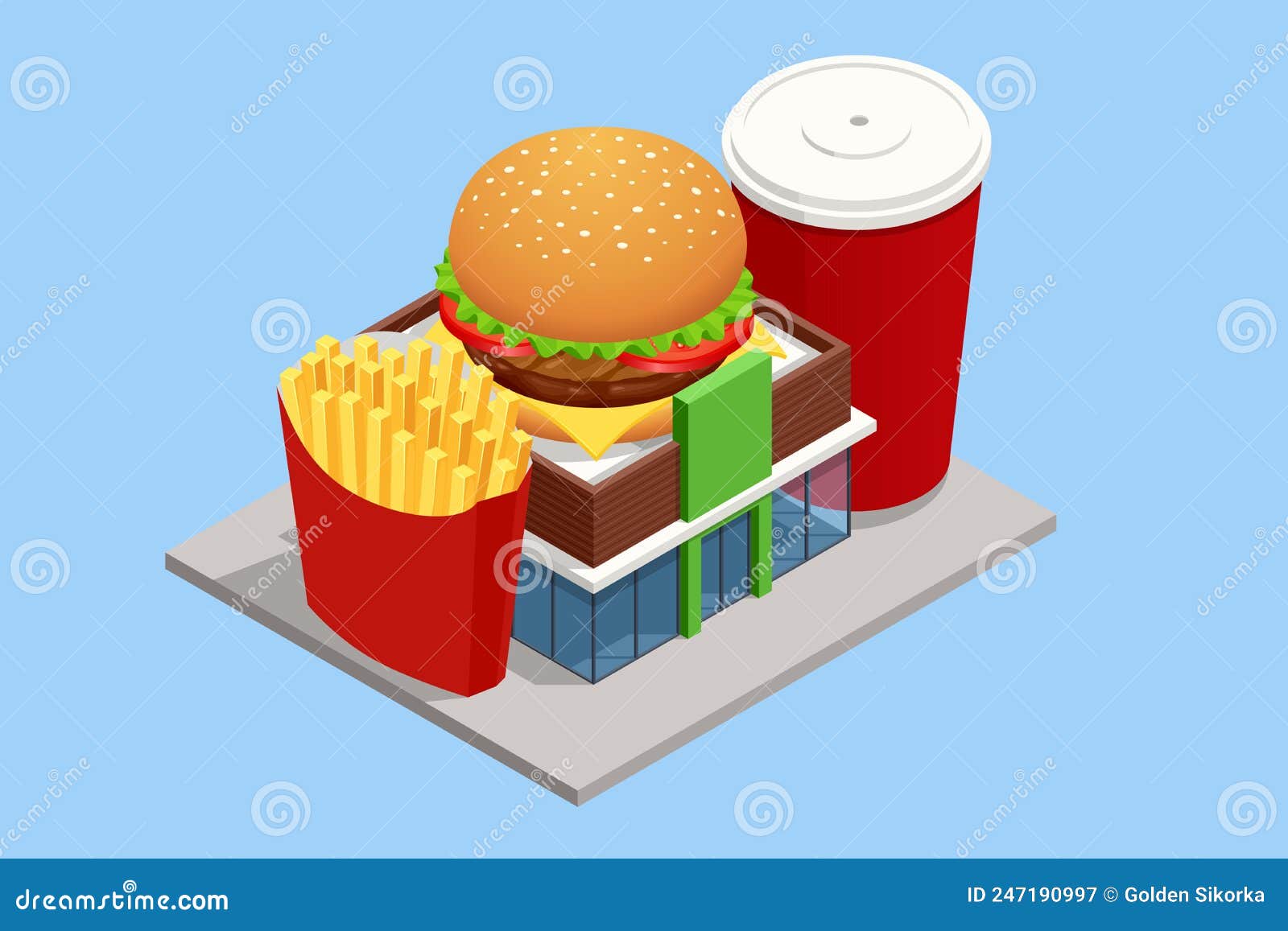 Isometric Facade of Fast Food Store Restaurant. Fast Food Restaurant ...