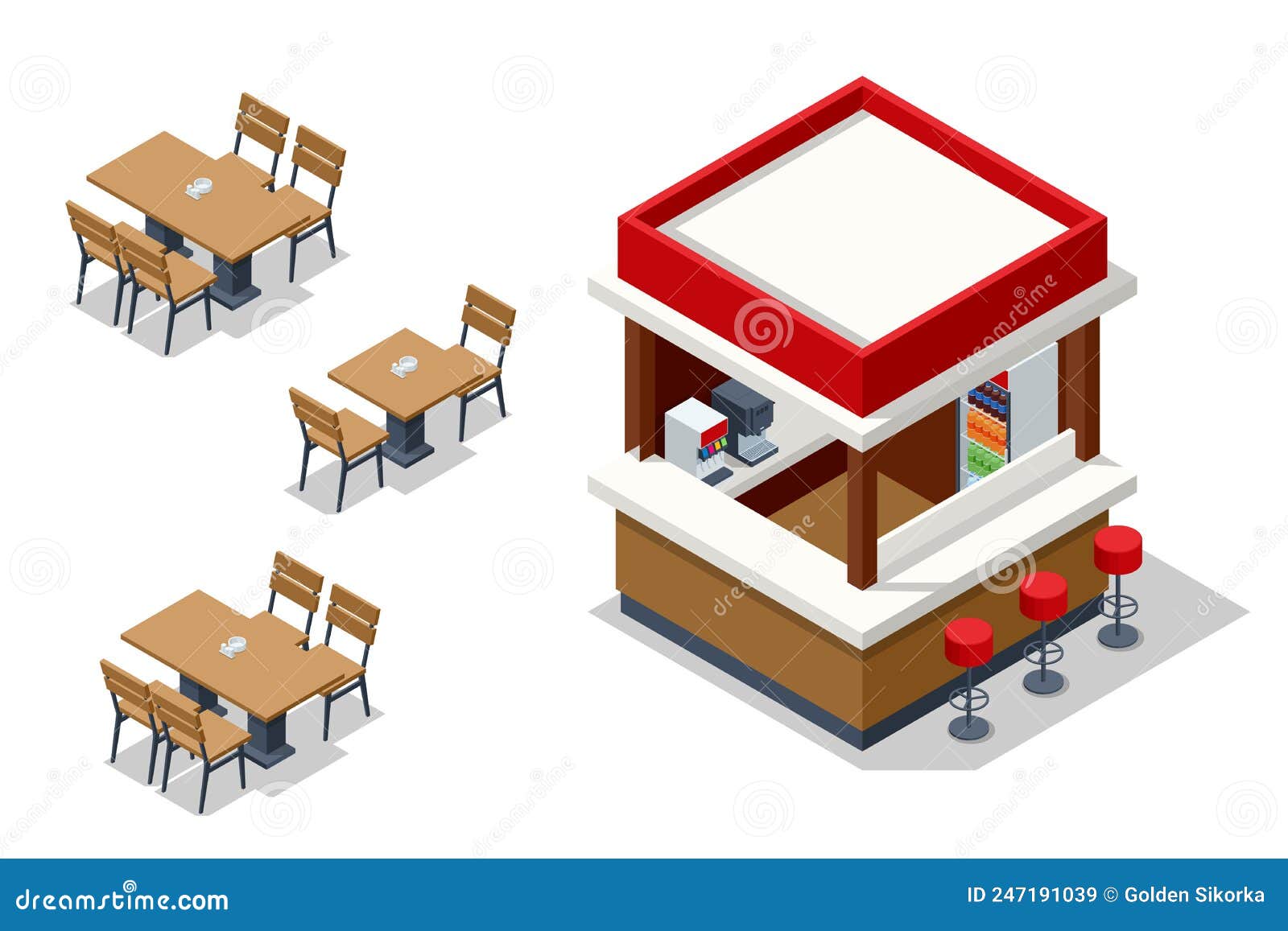 Isometric Facade of Fast Food Store Restaurant. Fast Food Restaurant ...