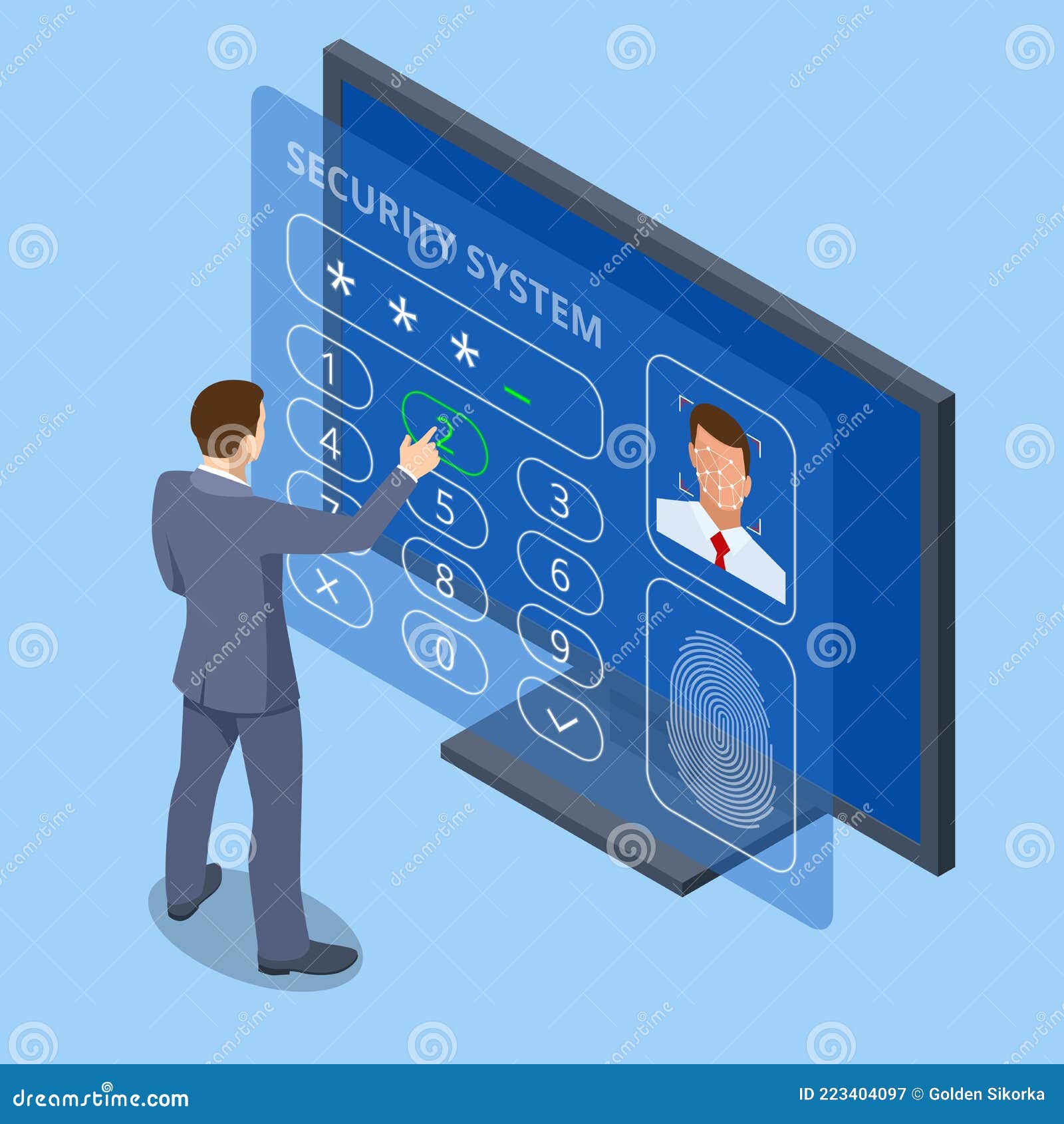 Isometric Facial Recognition System Concept. Finger Print Scan for ...