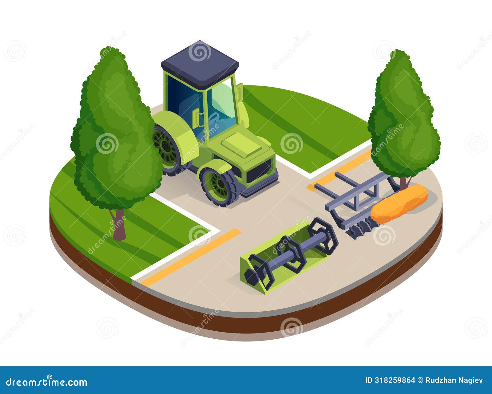 Isometric Farm Tractor and Equipment on a Patch of Land with Trees, in ...