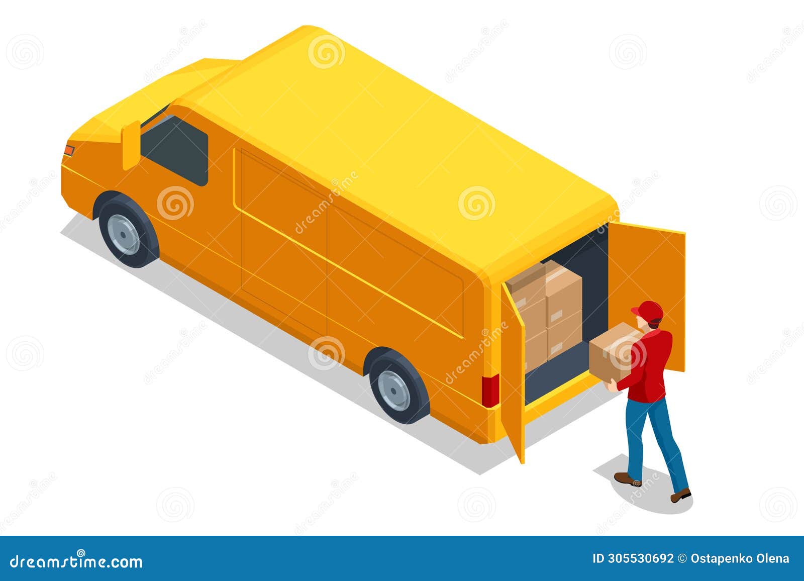 Two Delivery Men With Box Unloading Shipment In Uniform Vector ...
