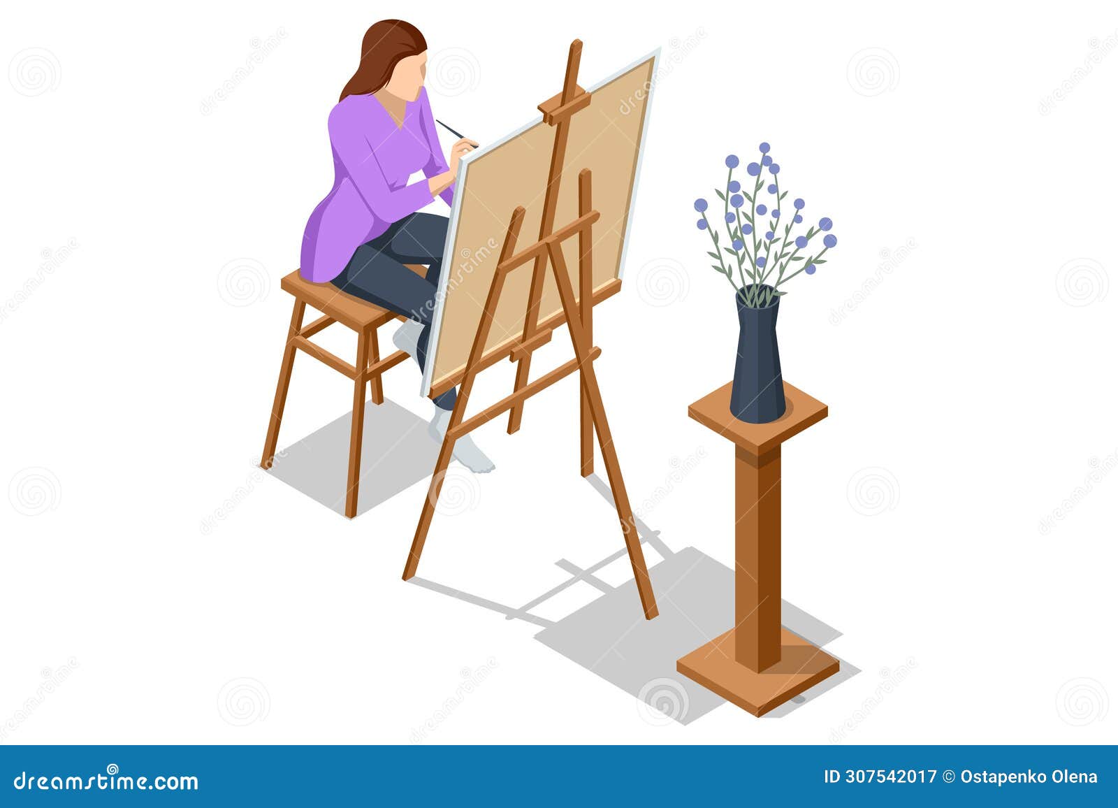 Isometric Female Painter Drawing in Art Studio Using Easel. Painting ...