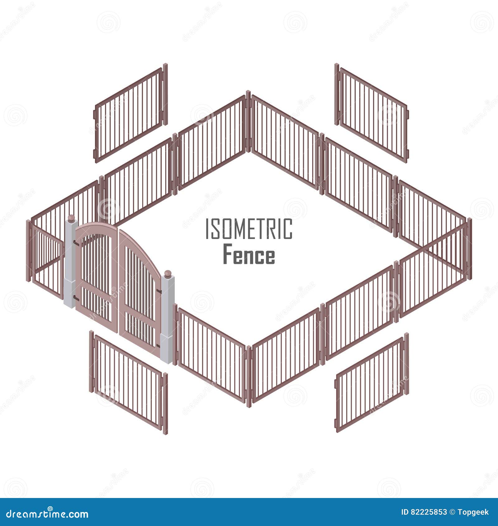 Set Of Gates And Fences In Isometric Projection Vector Illustration ...