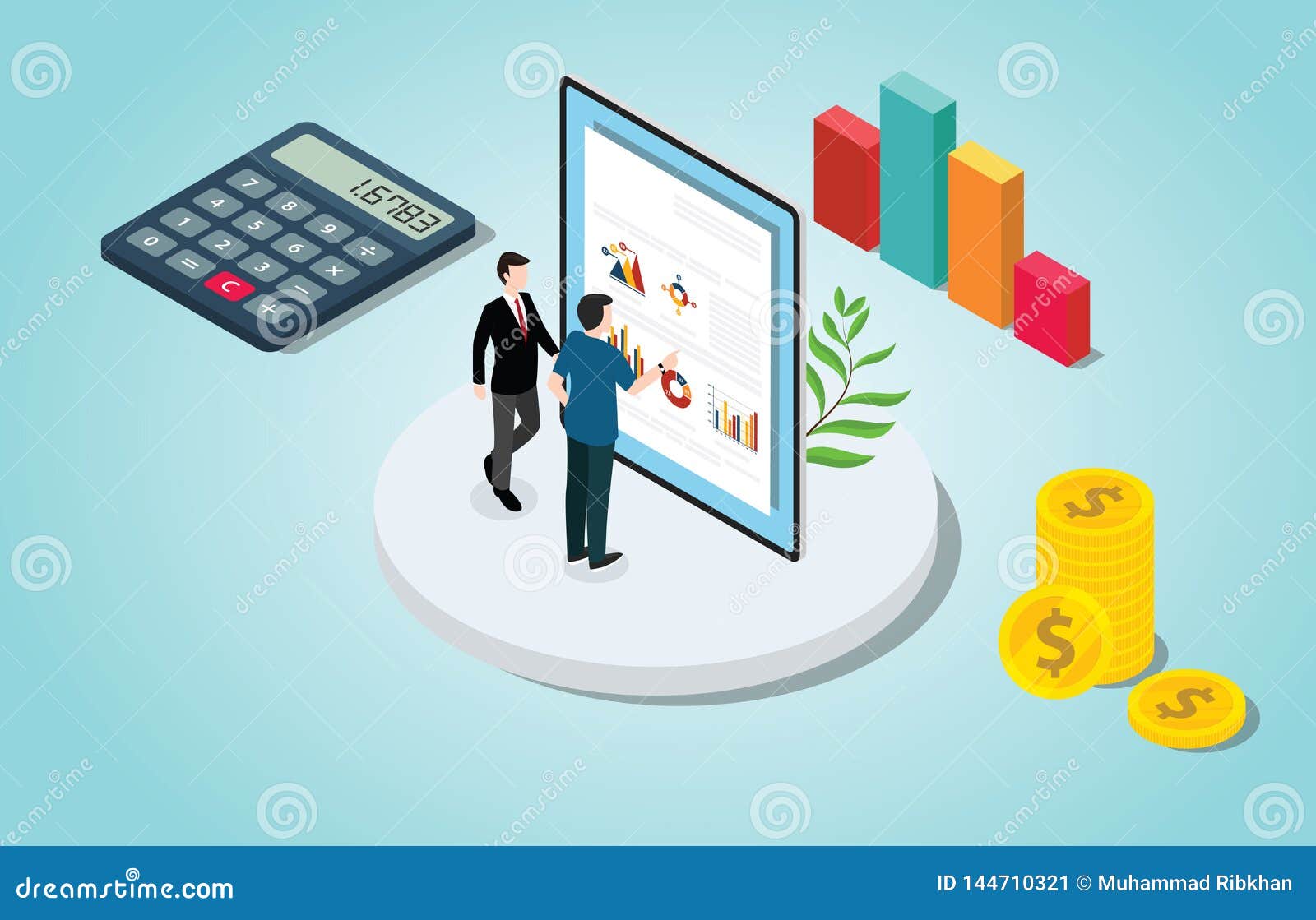 Isometric Financial Check Analysis with People and Data Chart with ...