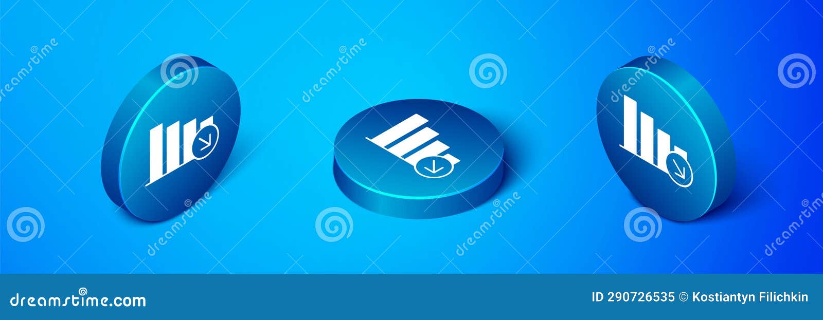 Isometric Financial Growth Decrease Icon Isolated on Blue Background. Increasing Revenue. Blue ...