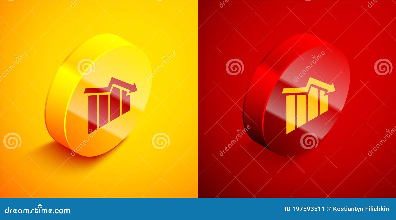 Isometric Financial Growth Decrease Icon Isolated on Orange and Red Background. Increasing ...