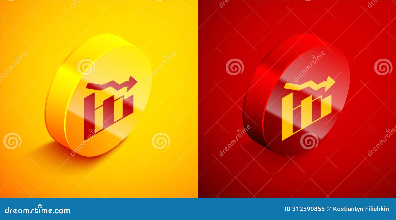 Isometric Financial Growth Decrease Icon Isolated on Orange and Red ...