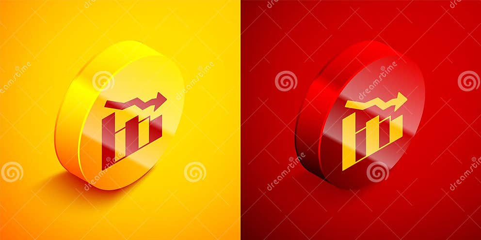 Isometric Financial Growth Decrease Icon Isolated on Orange and Red Background. Increasing ...