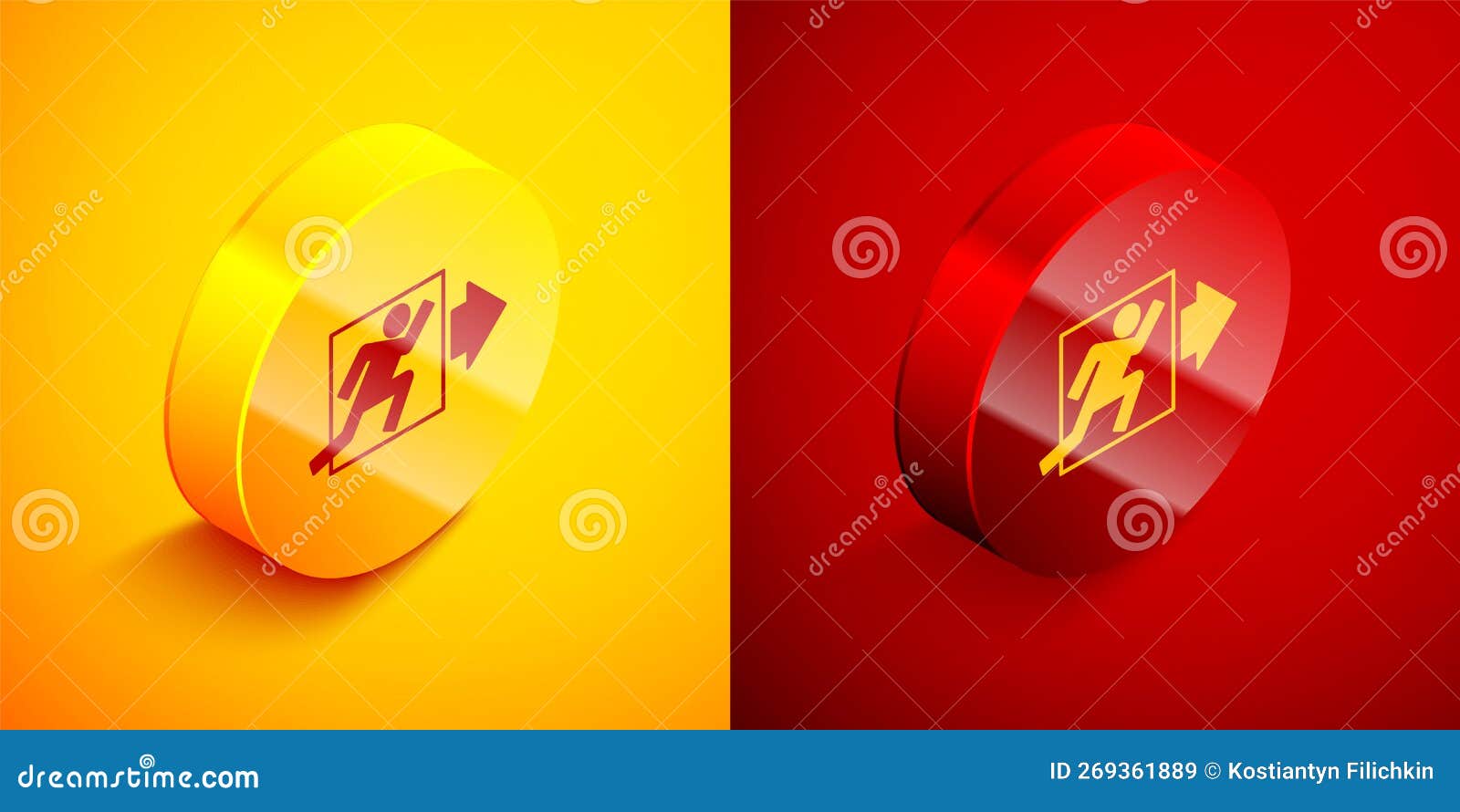 Isometric Fire Exit Icon Isolated on Orange and Red Background. Fire ...