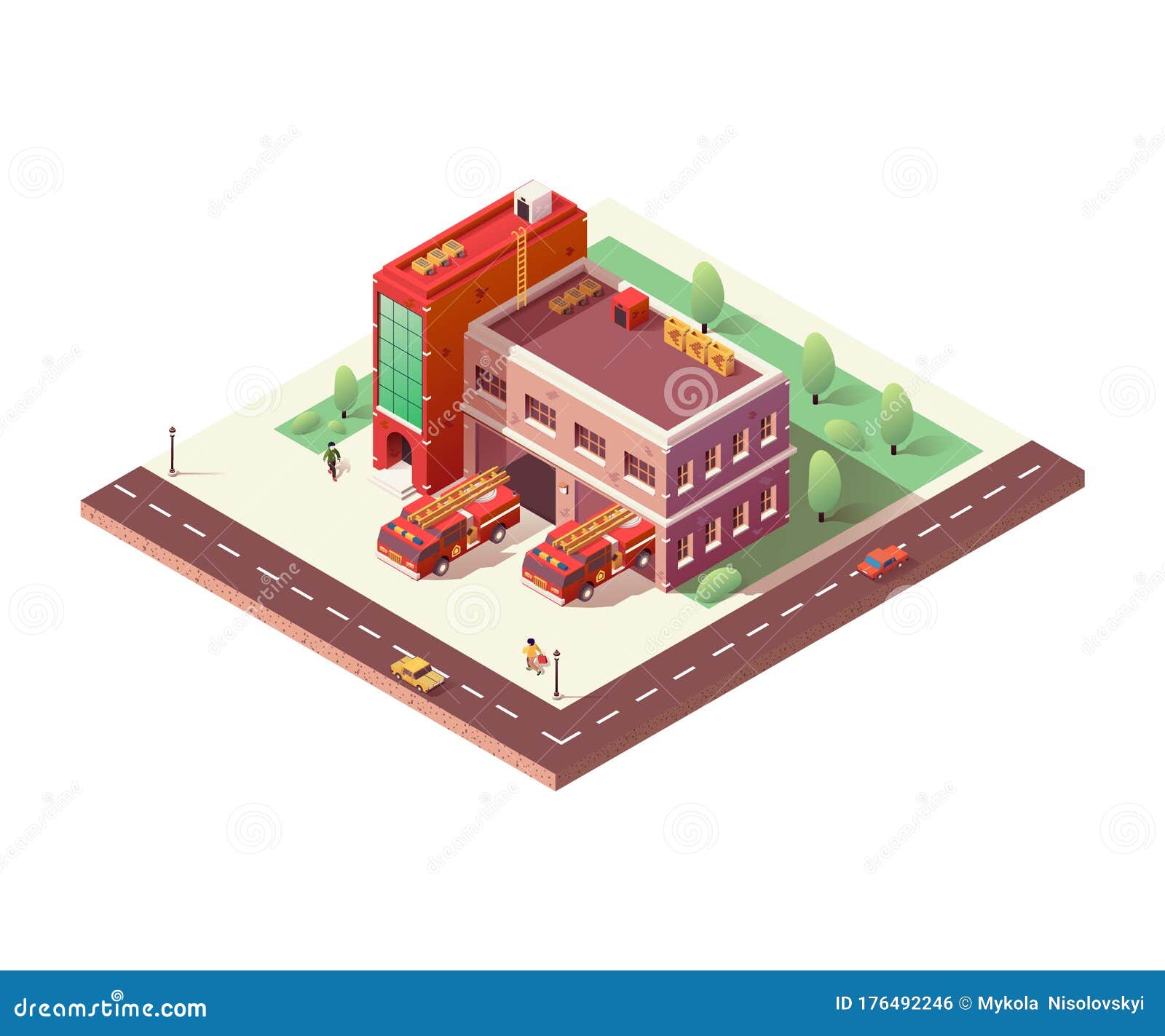 Isometric Fire Station Building and Fire Engine Stock Vector ...