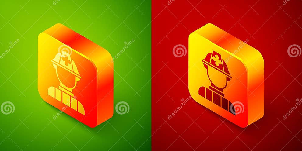Isometric Firefighter Icon Isolated on Green and Red Background. Square ...