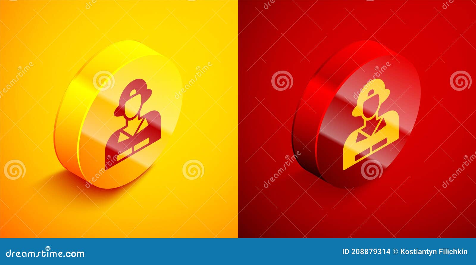 Isometric Firefighter Icon Isolated on Orange and Red Background ...