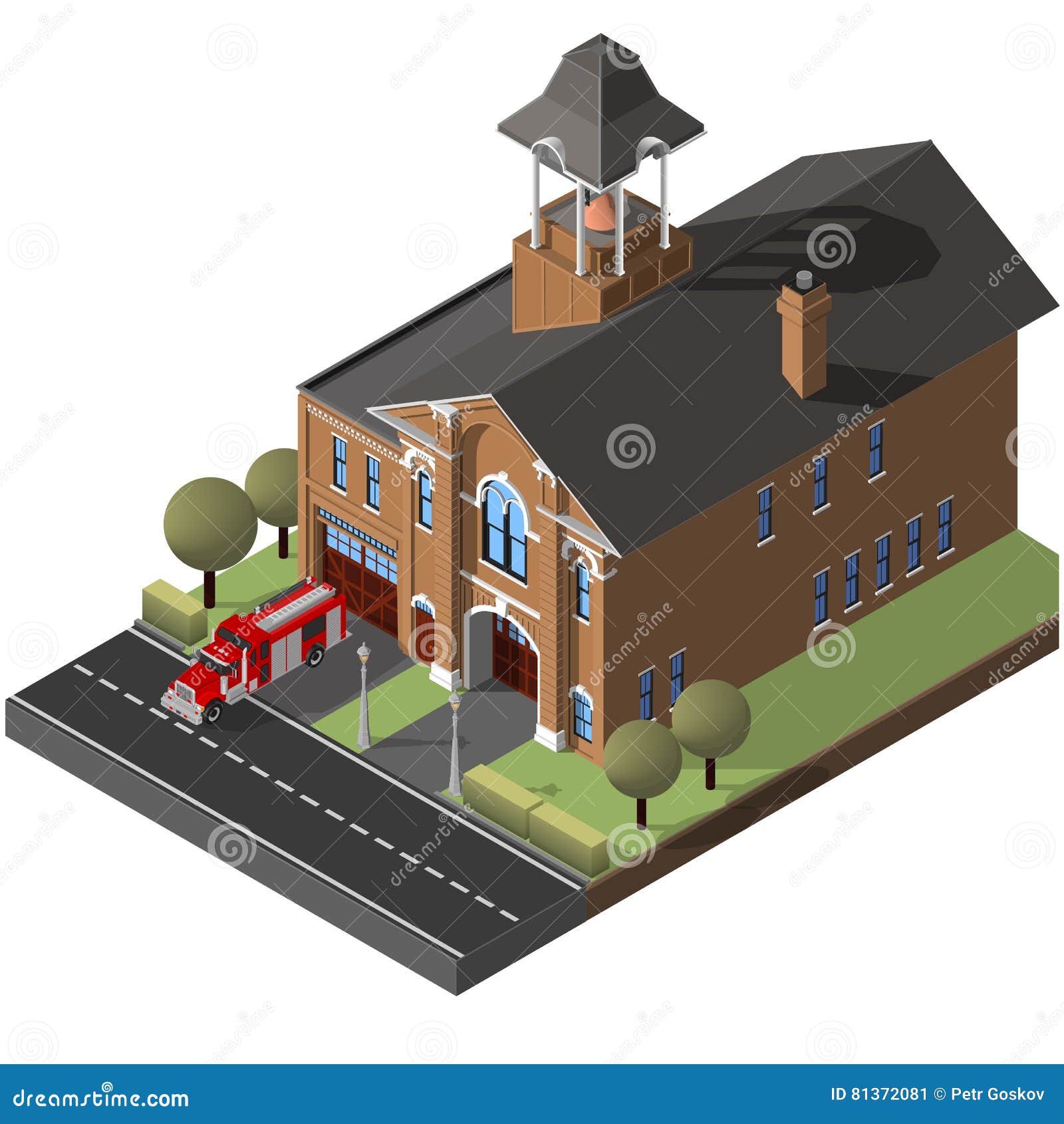 Isometric Firehouse and Firetruck. Stock Vector - Illustration of ...