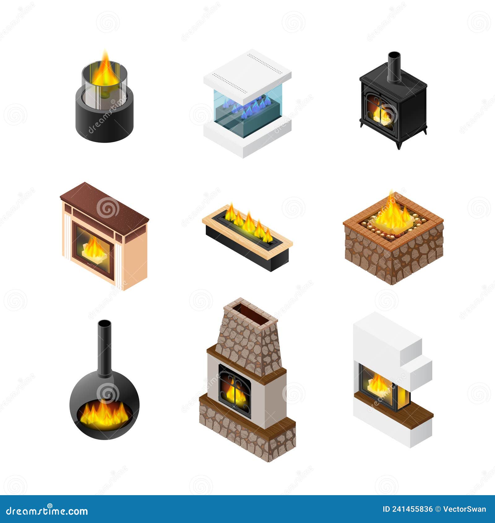 Isometric Fireplace Icon Set Stock Vector - Illustration of flame ...