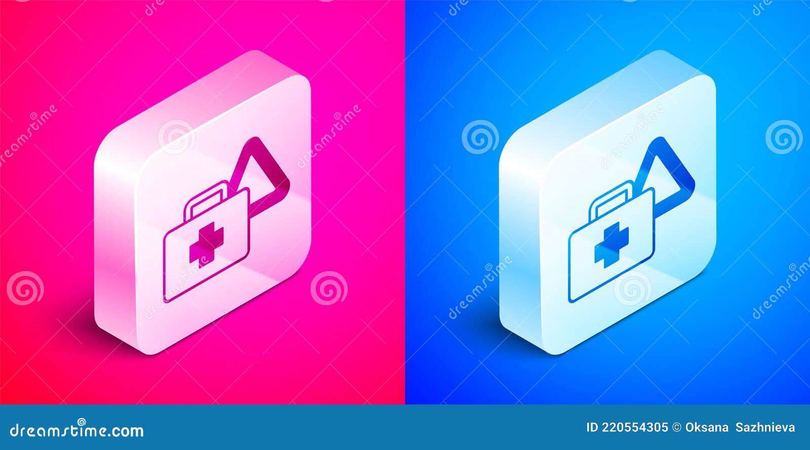Isometric First Aid Kit and Warning Triangle Icon Isolated on Pink and ...