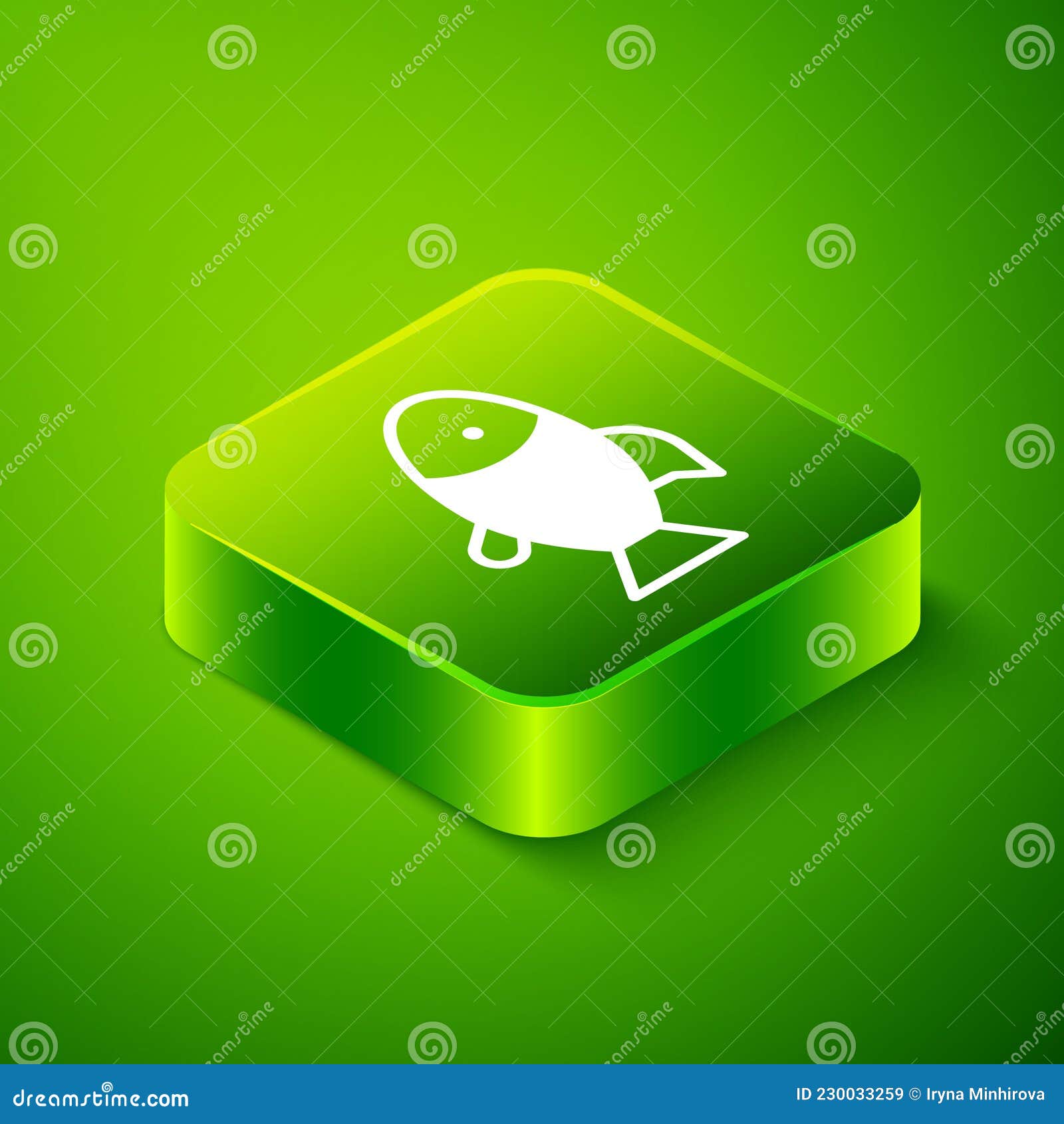 Isometric Fish Icon Isolated on Green Background. Green Square Button ...