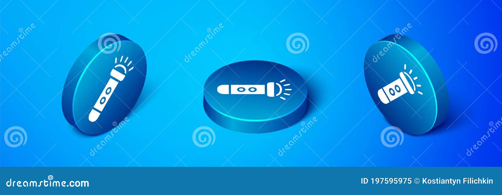 Isometric Flashlight Icon Isolated on Blue Background. Blue Circle ...