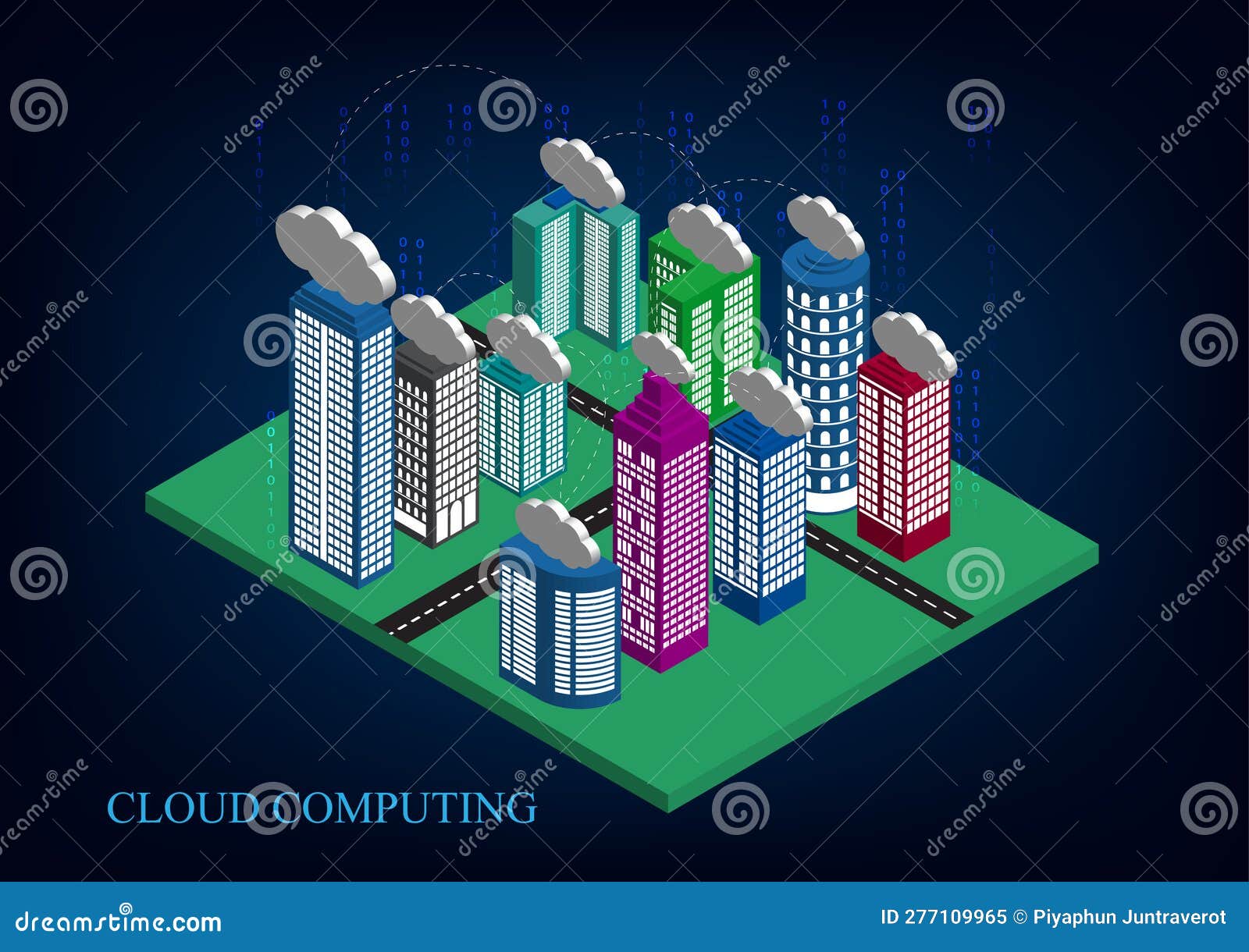 The Isometric Flat 3D City with Skyscrapers and Clouds Concept Network Technology Cloud ...