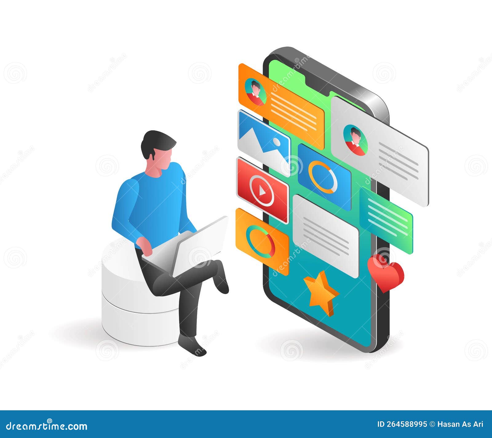 Concept Illustration of Man Interacting Multiple Apps with Smartphone ...