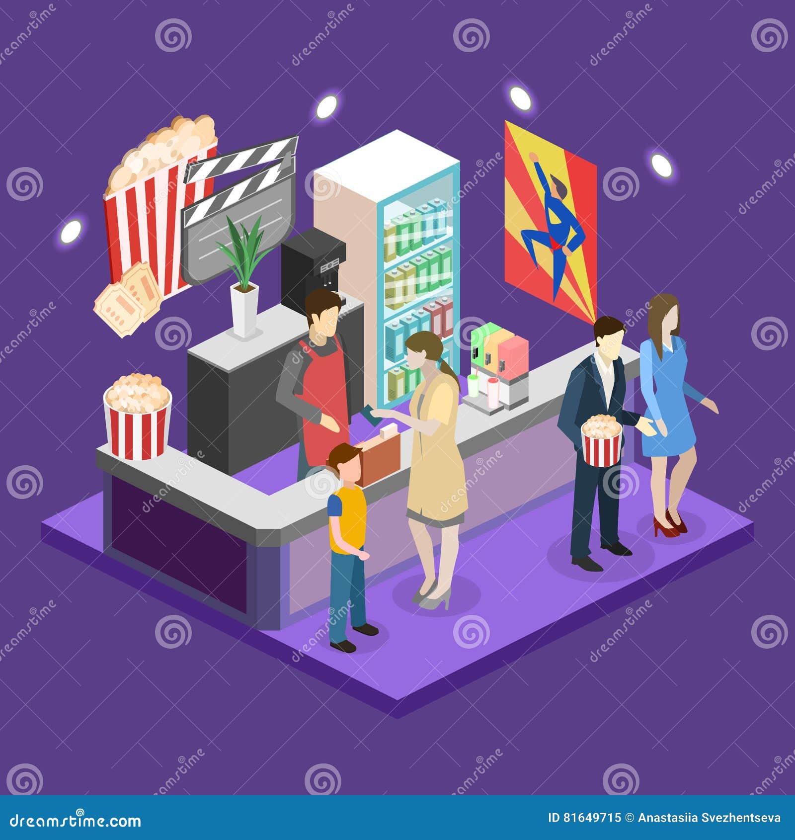 Isometric Flat 3D Concept Interior of Cinema Waiting Hall. Stock ...