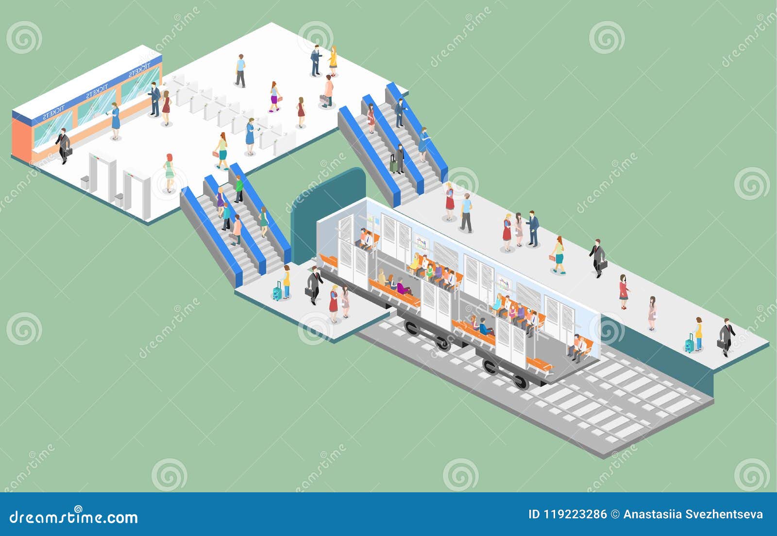 Isometric Flat Interior of Metro Subway Train Carriage. Underground ...