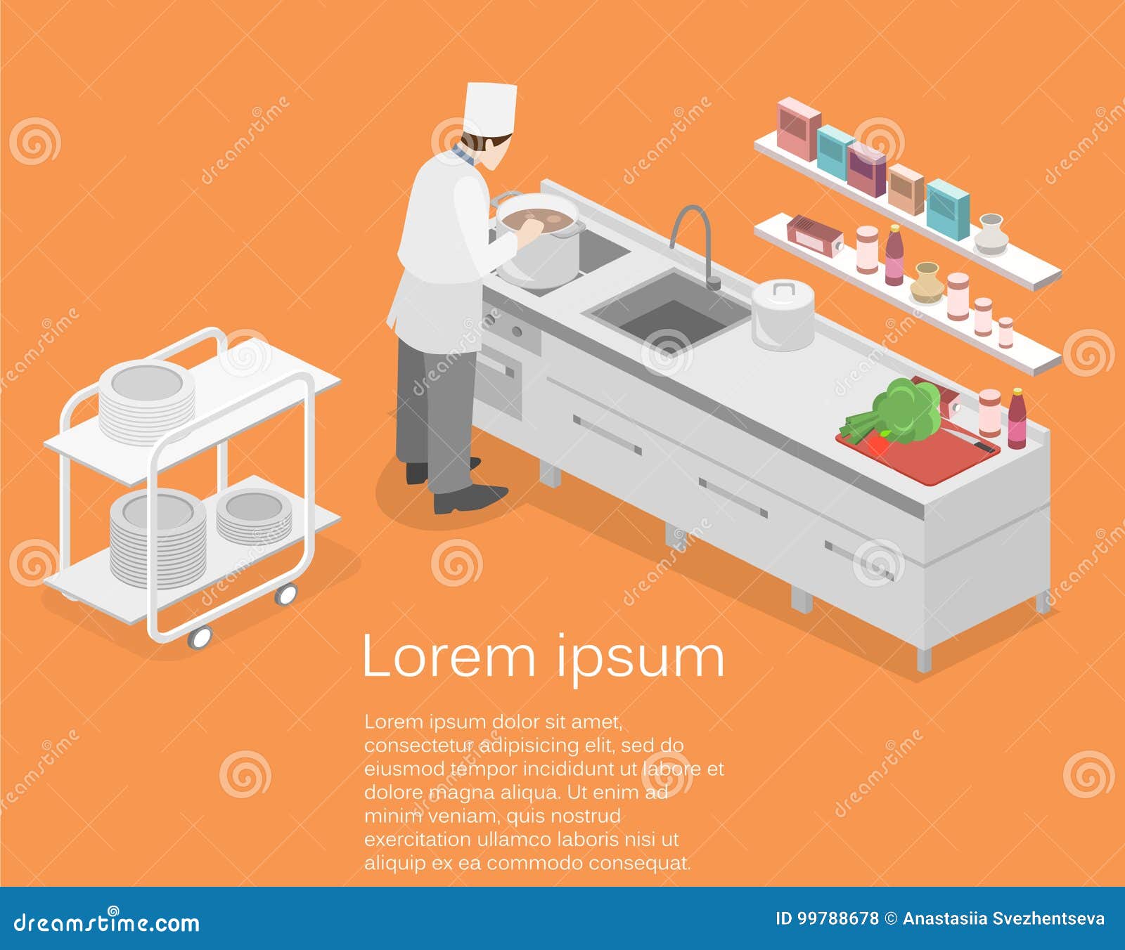 Isometric Flat 3D Interior of Professional Restaurant Kitchen Stock ...