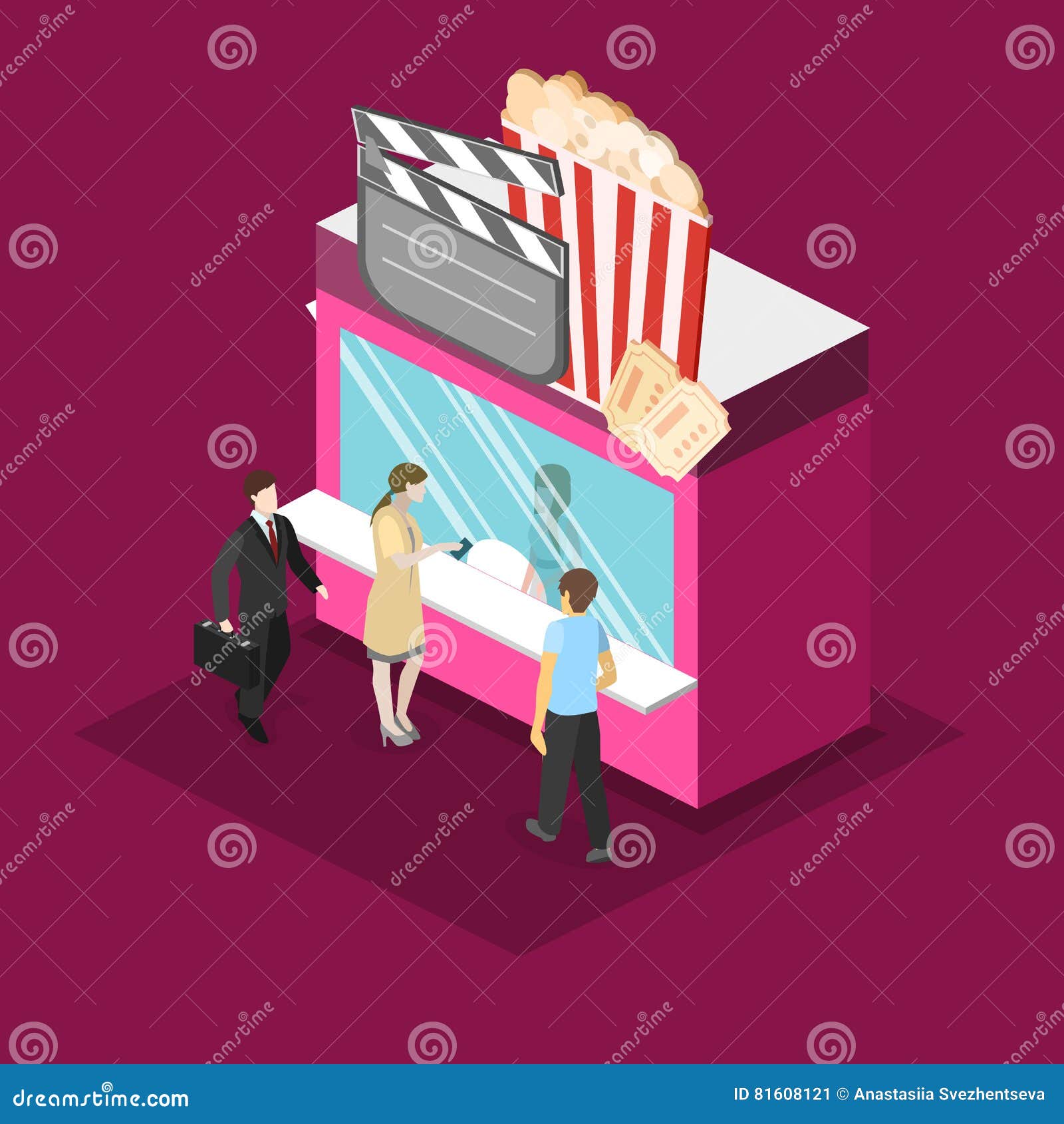 Isometric Flat 3D Interior of Cinema Theater Box Office Stock ...