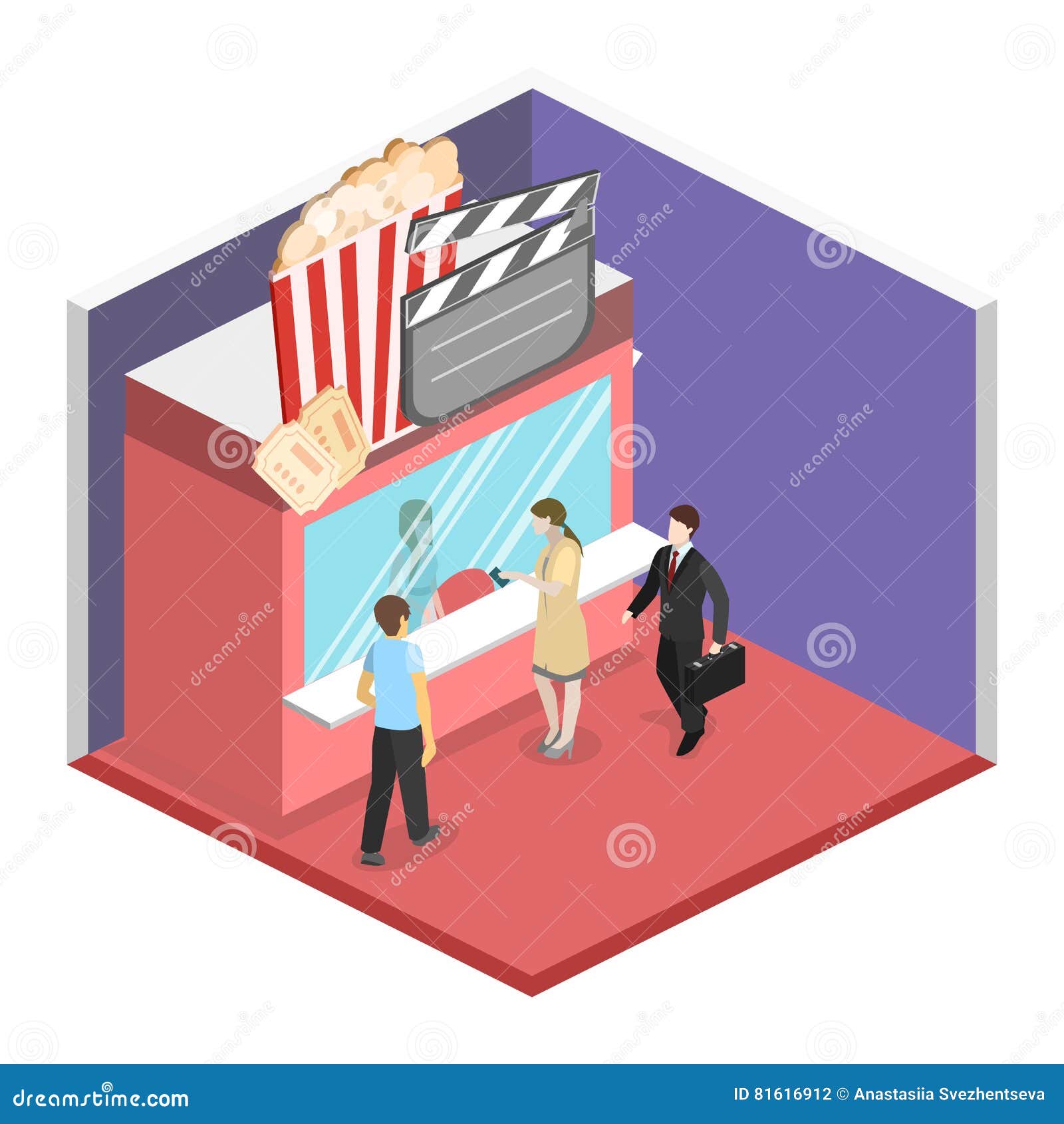 Isometric Flat 3D Interior of Cinema Theater Box Office Stock ...