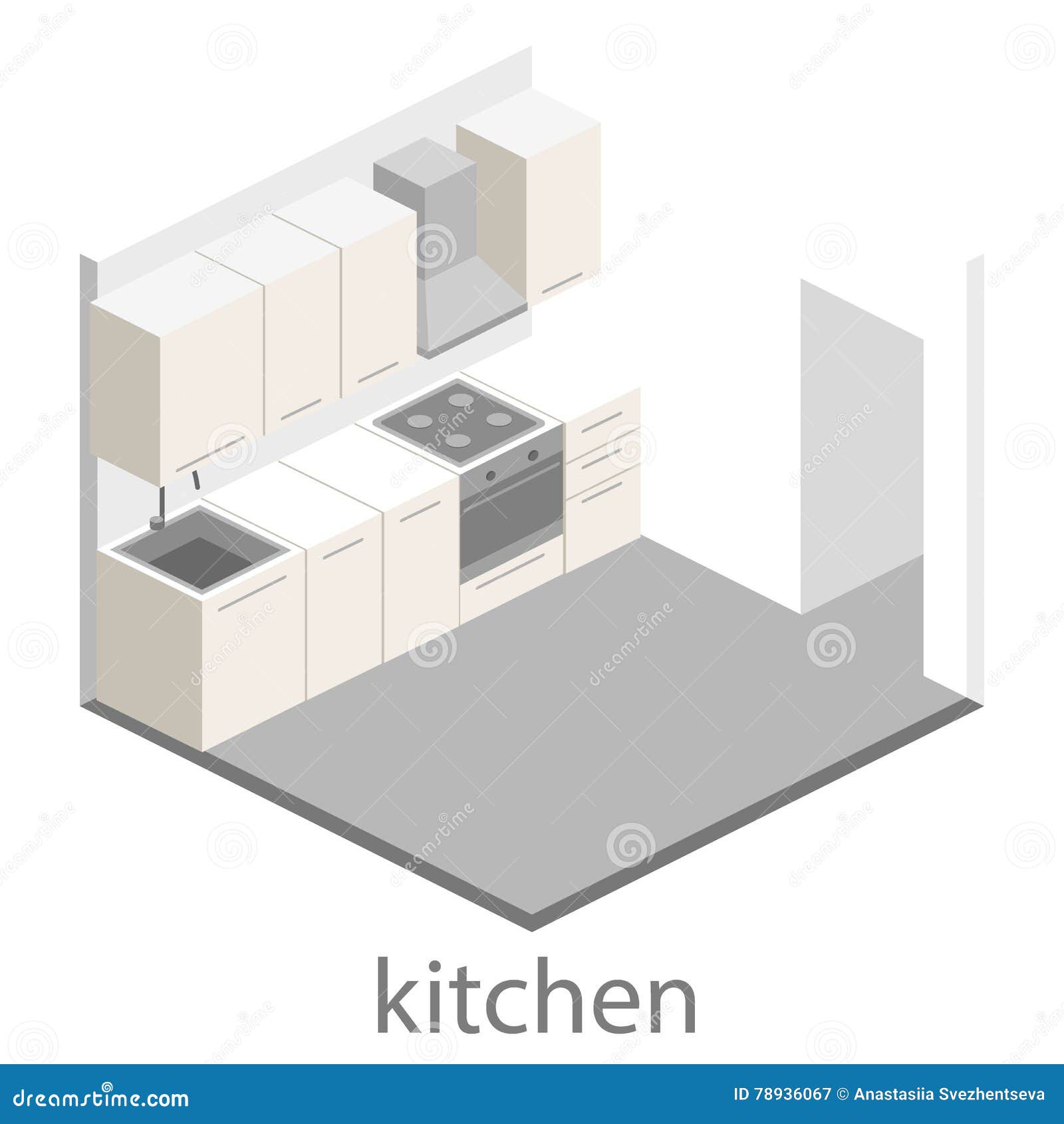 Isometric Flat 3D Interior of Kitchen. Full Set of Kitchen Furniture ...