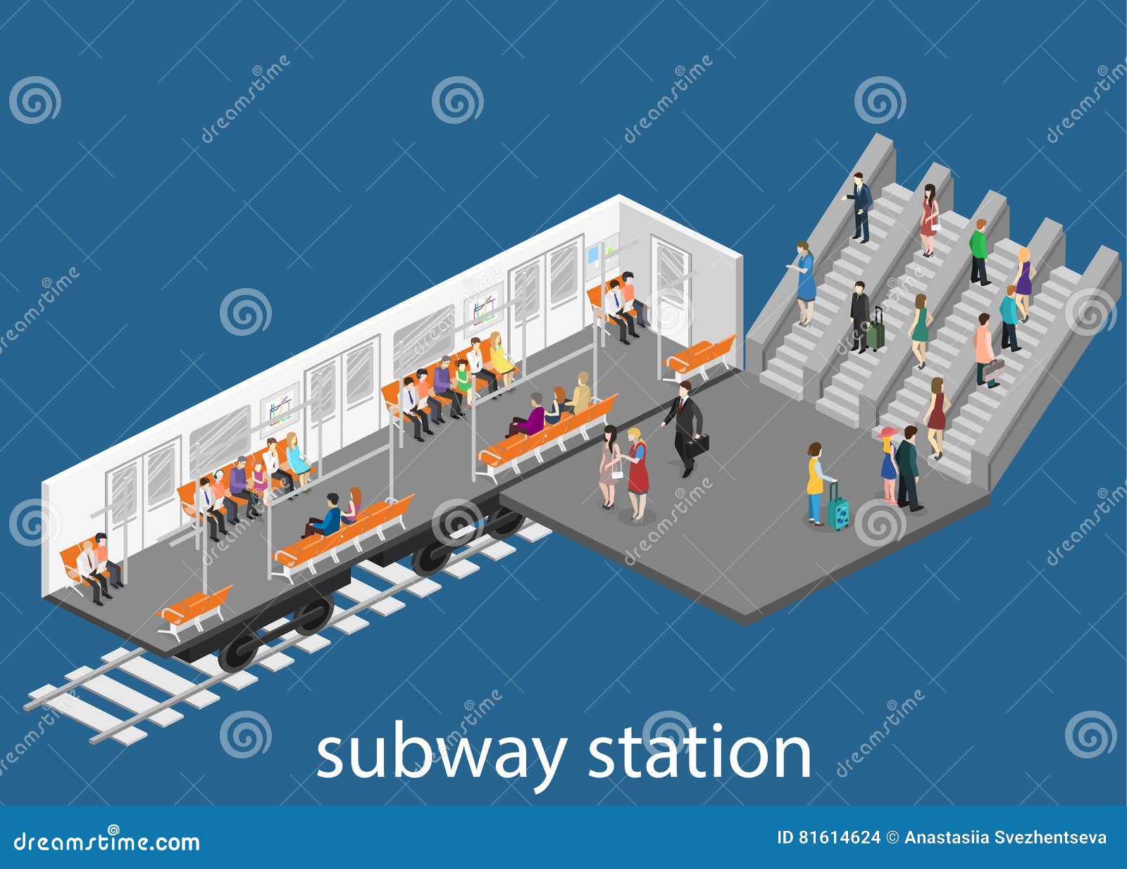 Isometric Flat 3D Interior of Metro Subway Train Carriage. Underground ...