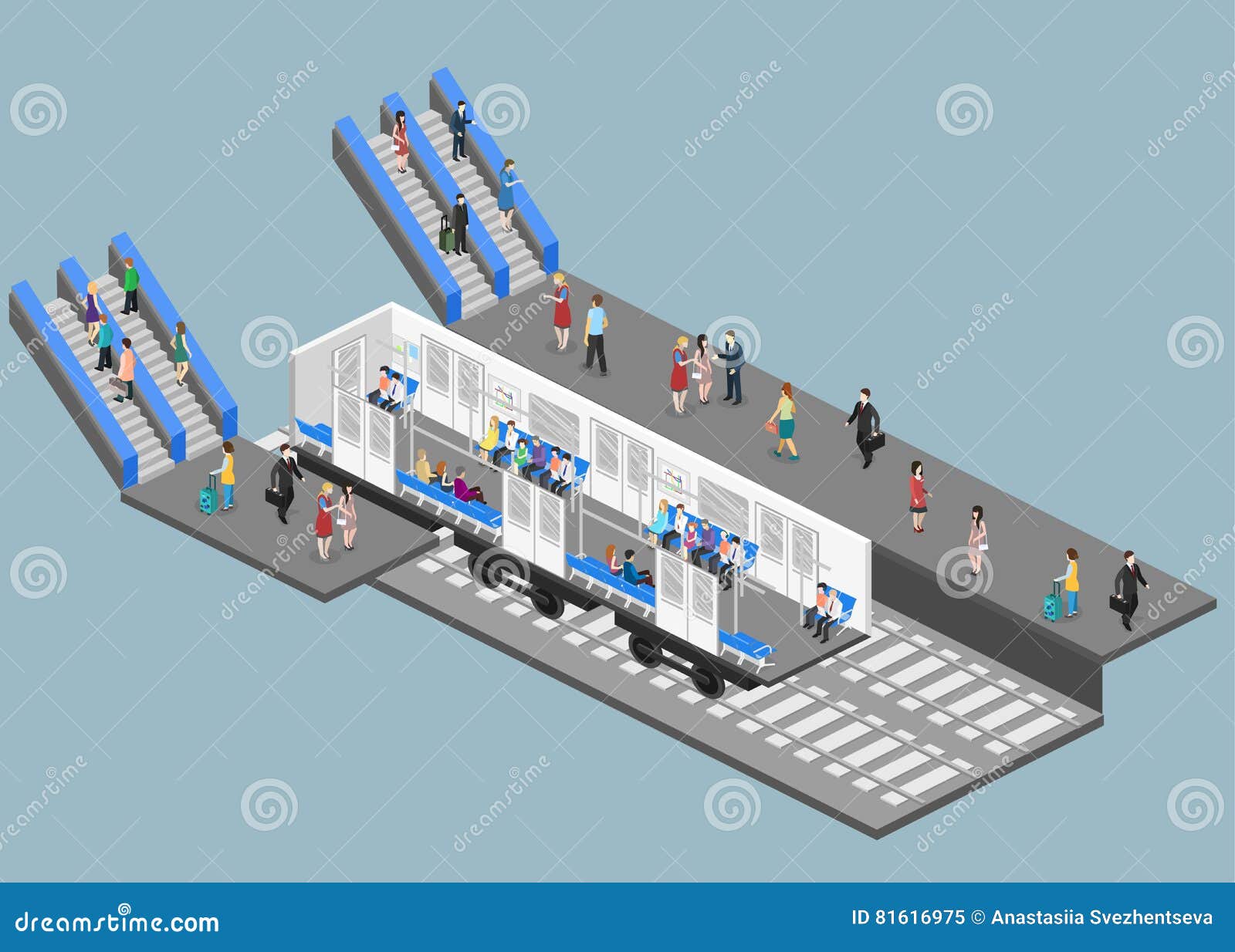 Isometric Flat 3D Interior of Metro Subway Train Carriage. Underground ...