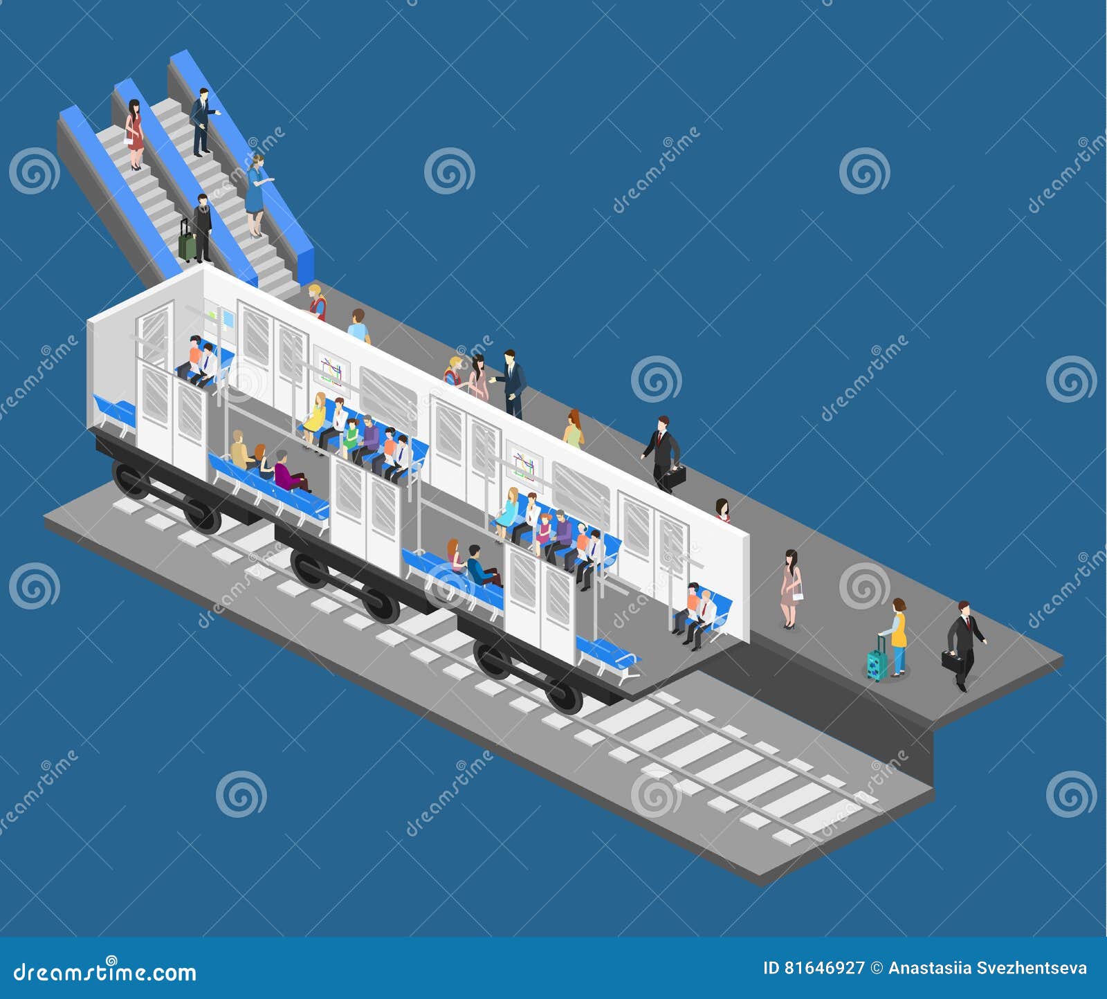 Isometric Flat 3D Interior of Metro Subway Train Carriage. Underground ...