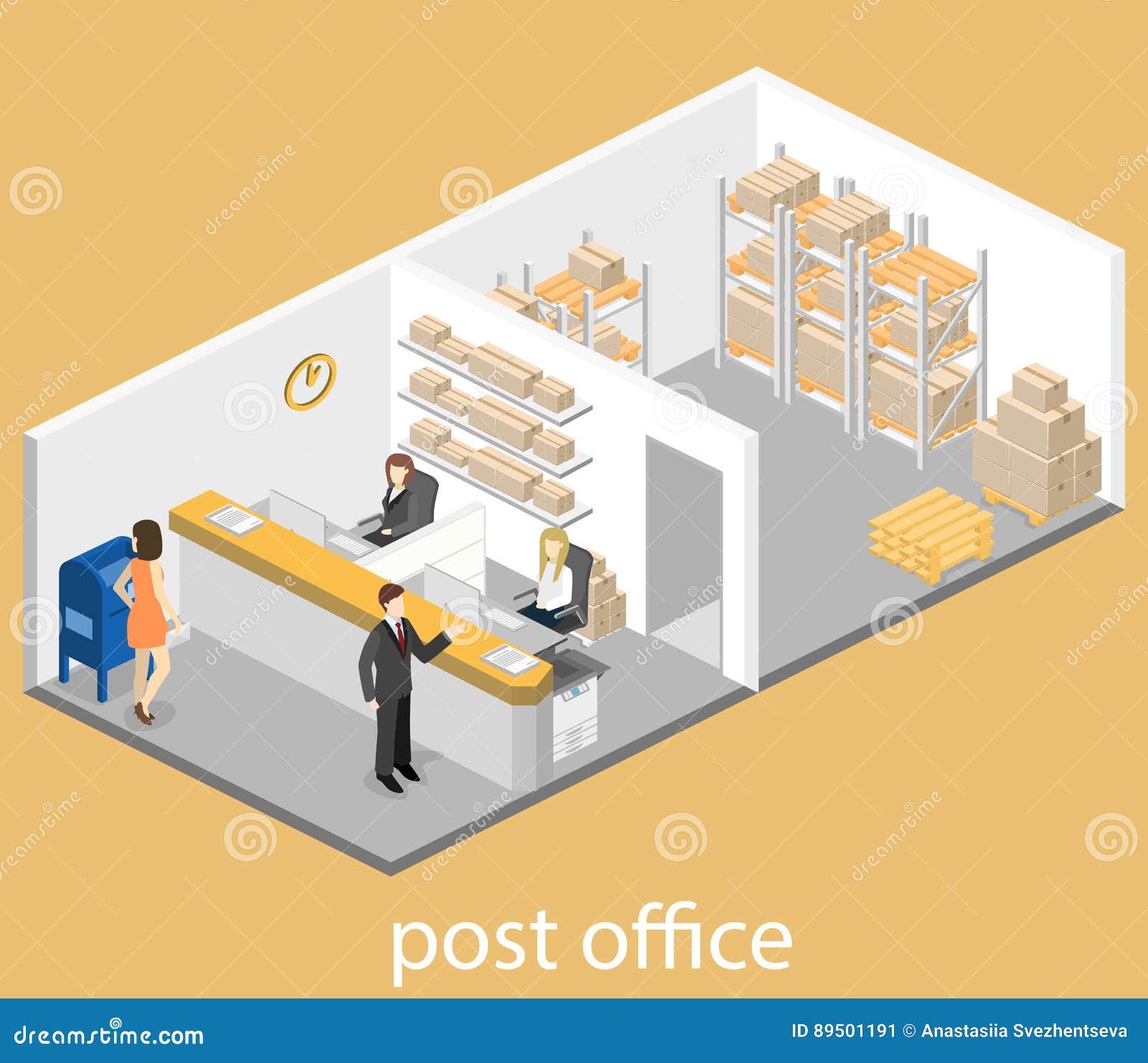 Interior Of Post Office With Office Workers And Customers. People Send ...