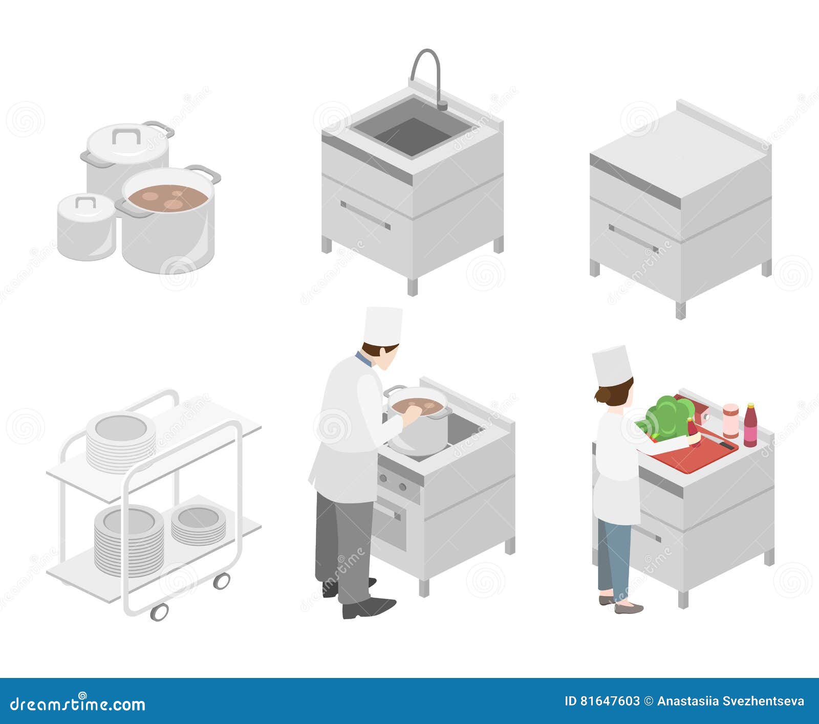 Isometric Flat 3D Interior of Professional Restaurant Kitchen Stock ...