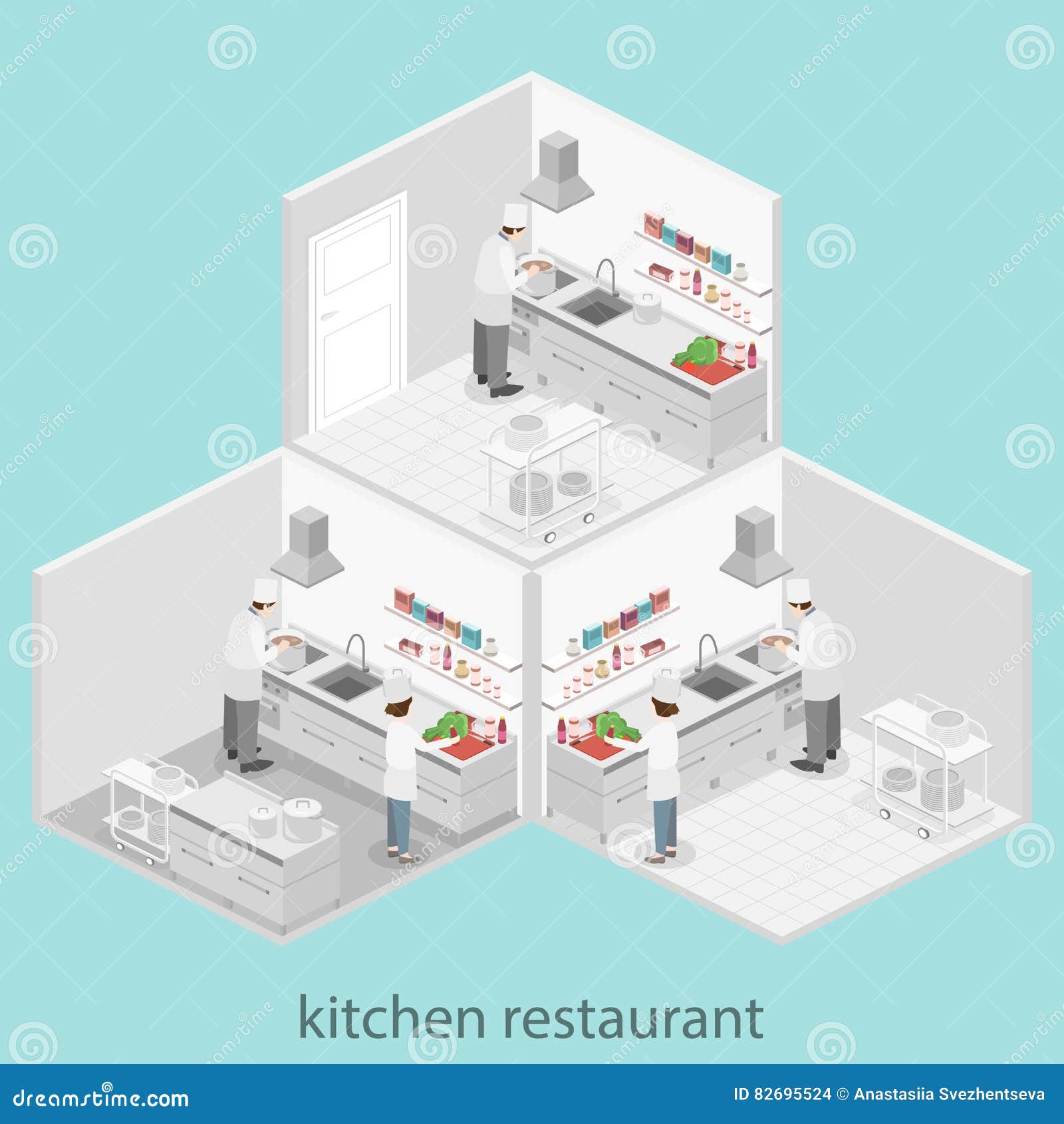 Isometric Flat 3D Interior of Professional Restaurant Kitchen Stock ...