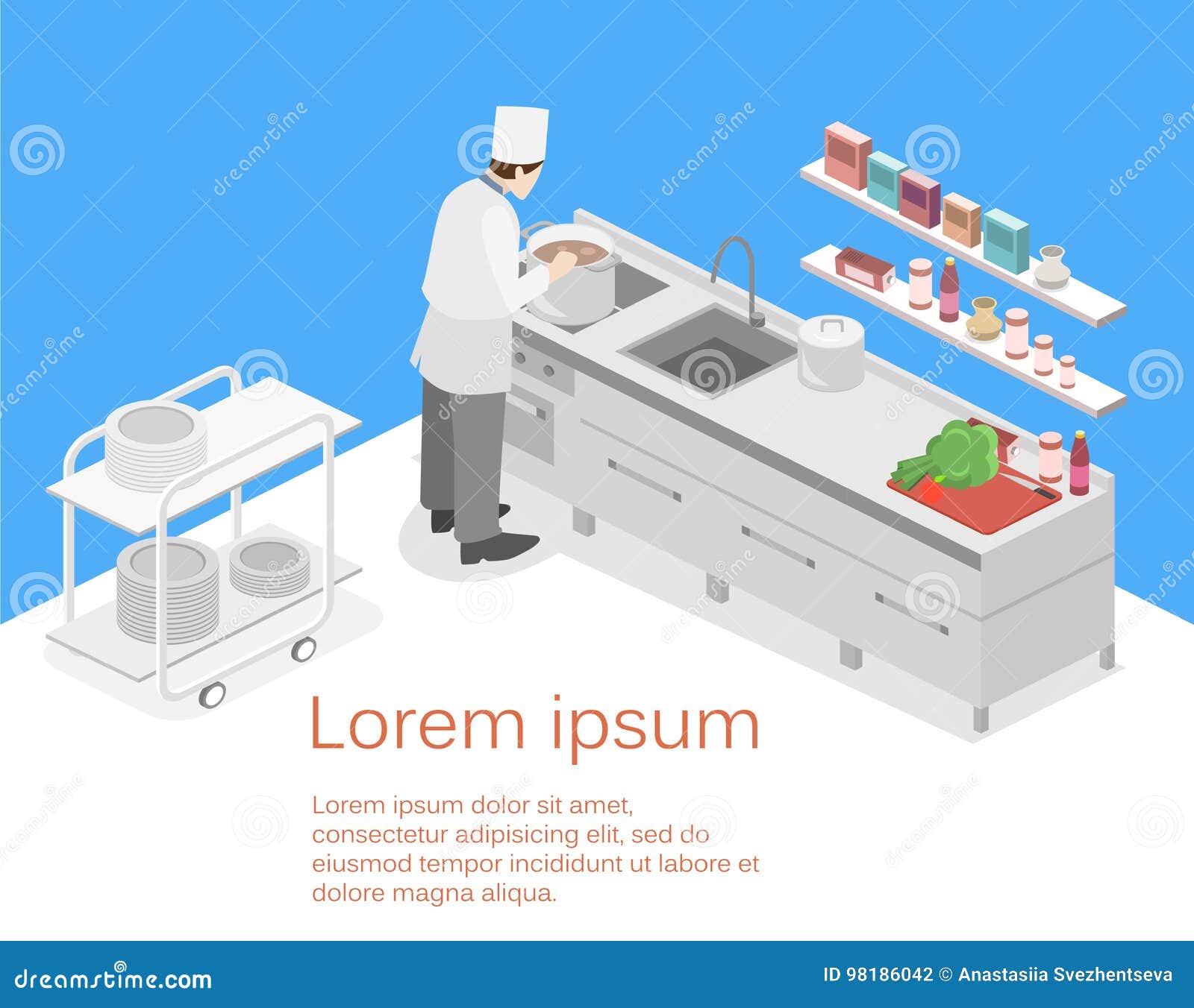 Isometric Flat 3D Interior of Professional Restaurant Kitchen Stock ...